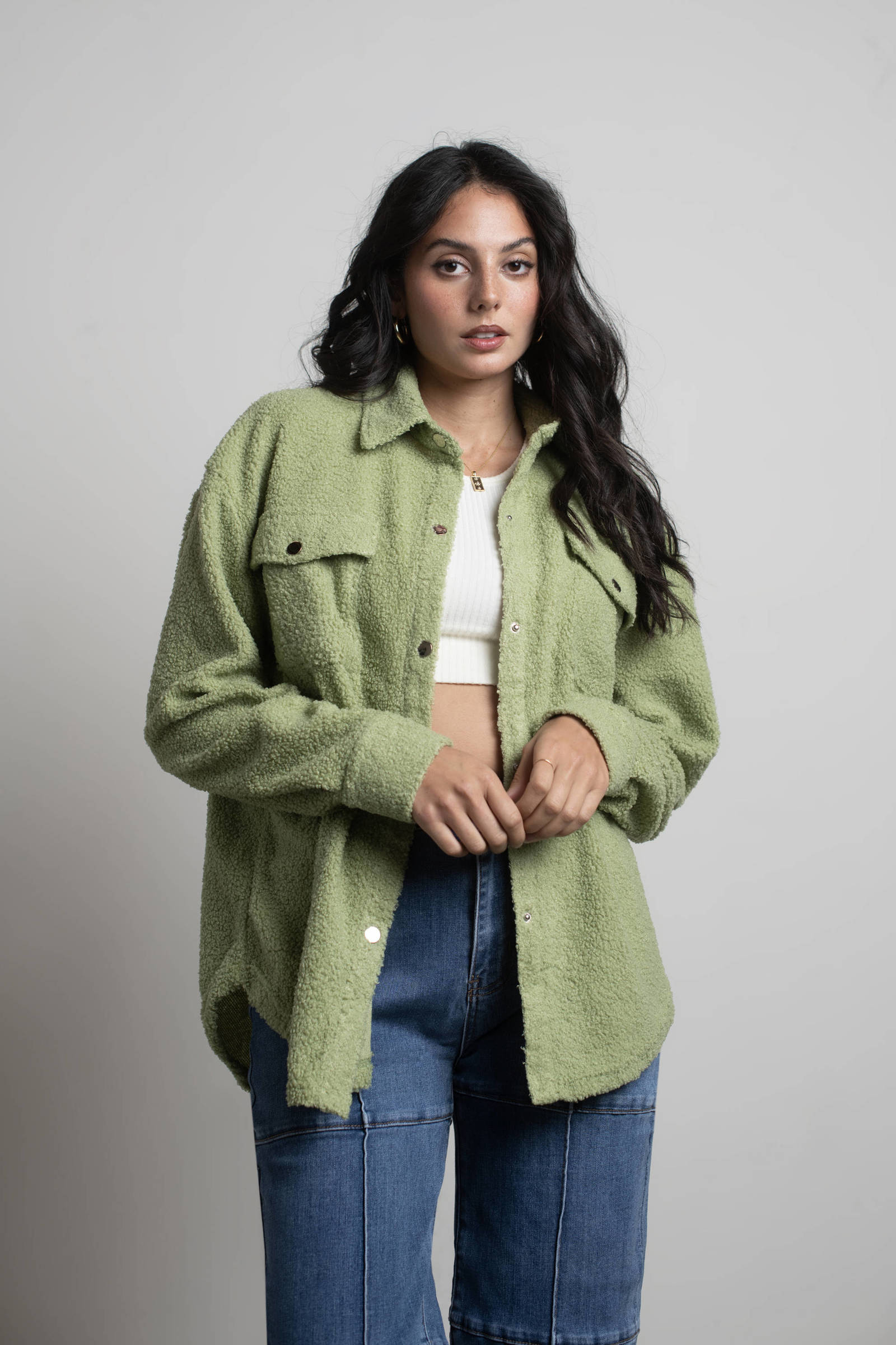 Avocado Green Shacket - Fuzzy Shacket - Buttoned Shacket
