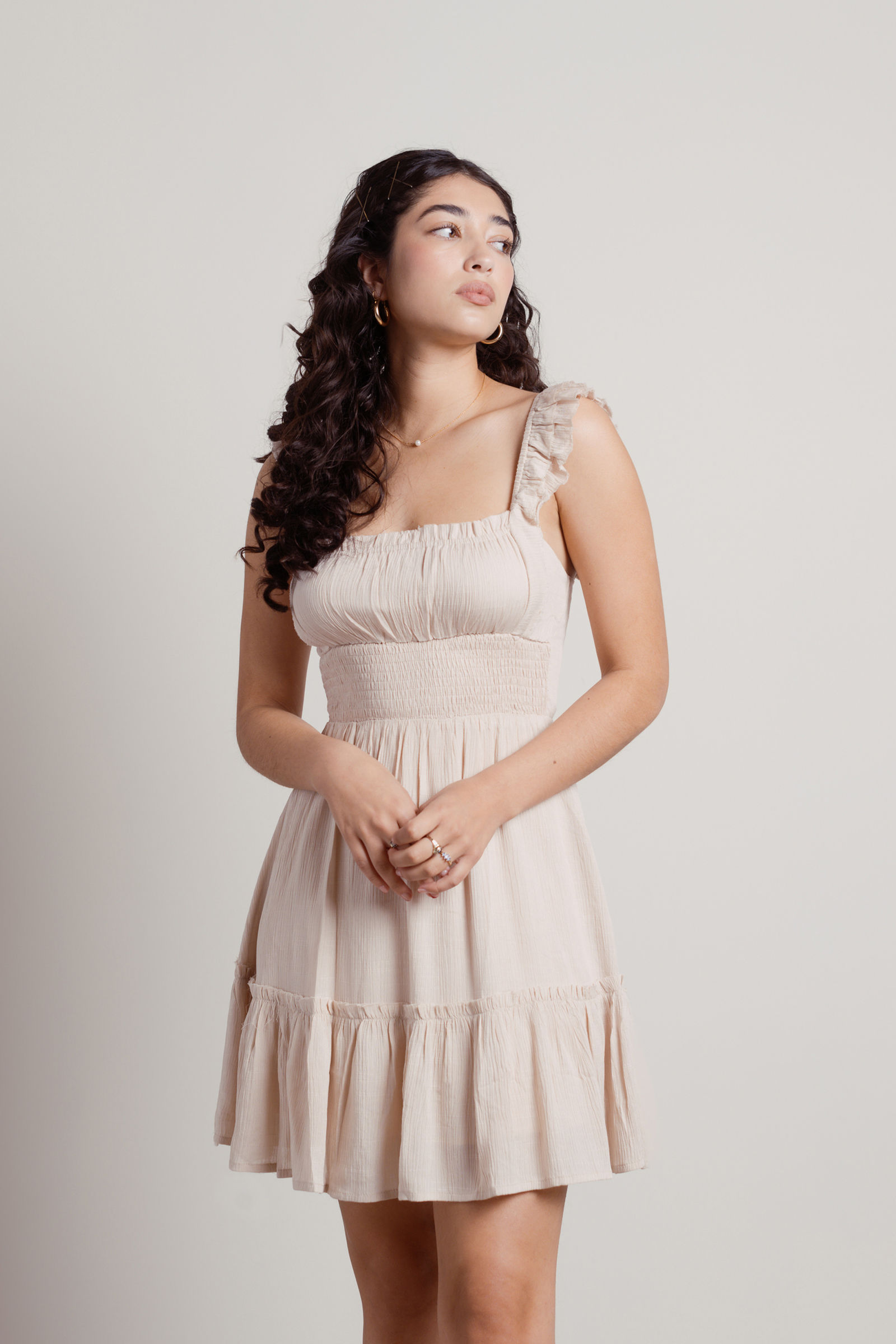 Beige Dress - Cute Smocked Dress - Raw Edge Dress