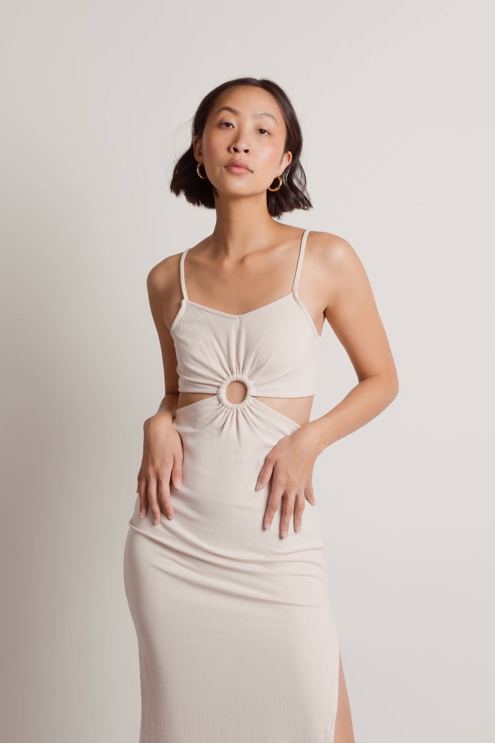 Beige Dress - O-Ring Dress - Daring Midi Dress