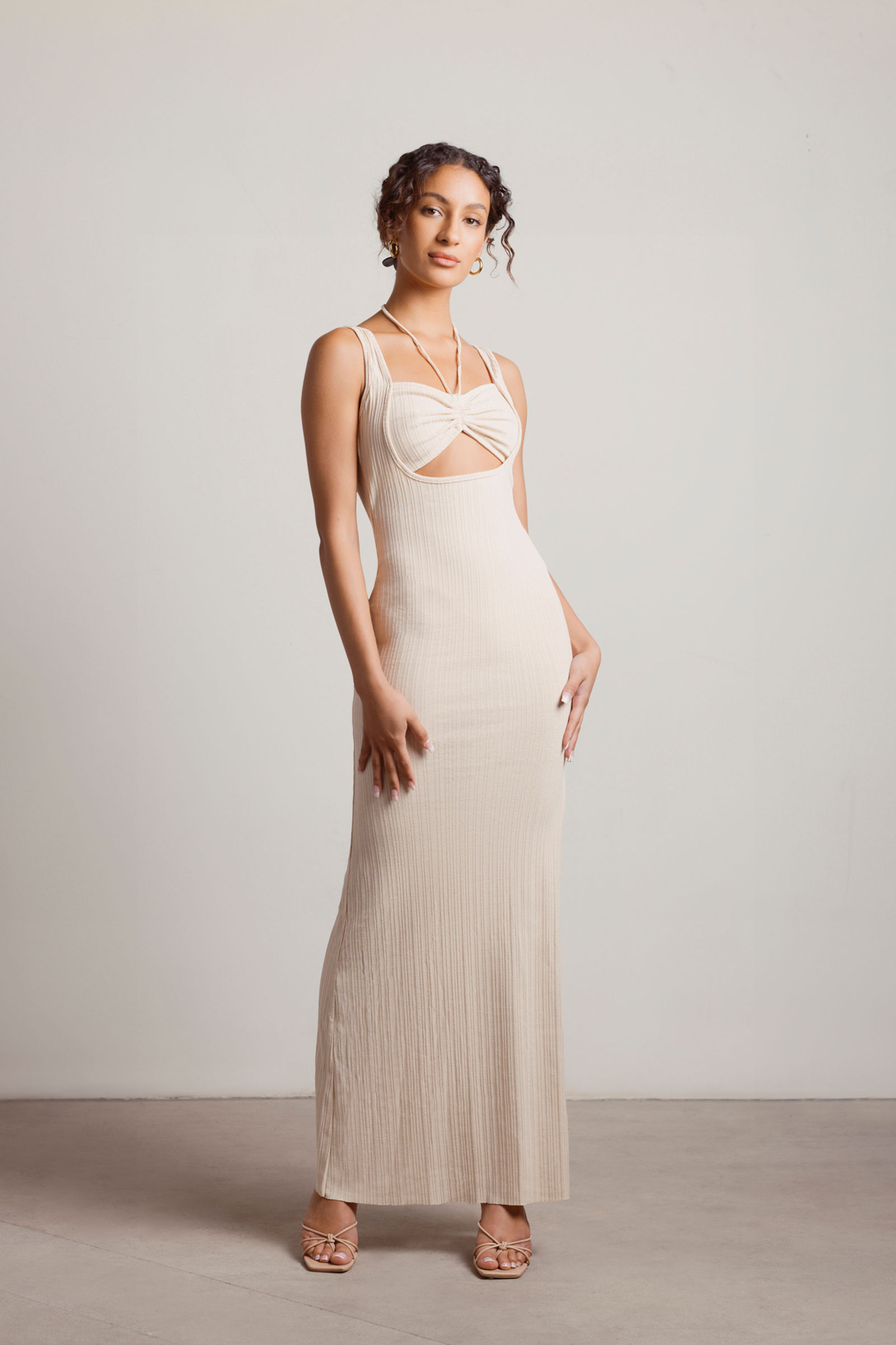 Beige Maxi Dress - Bodycon Cutout Dress - Beige Sweetheart Neckline Dress