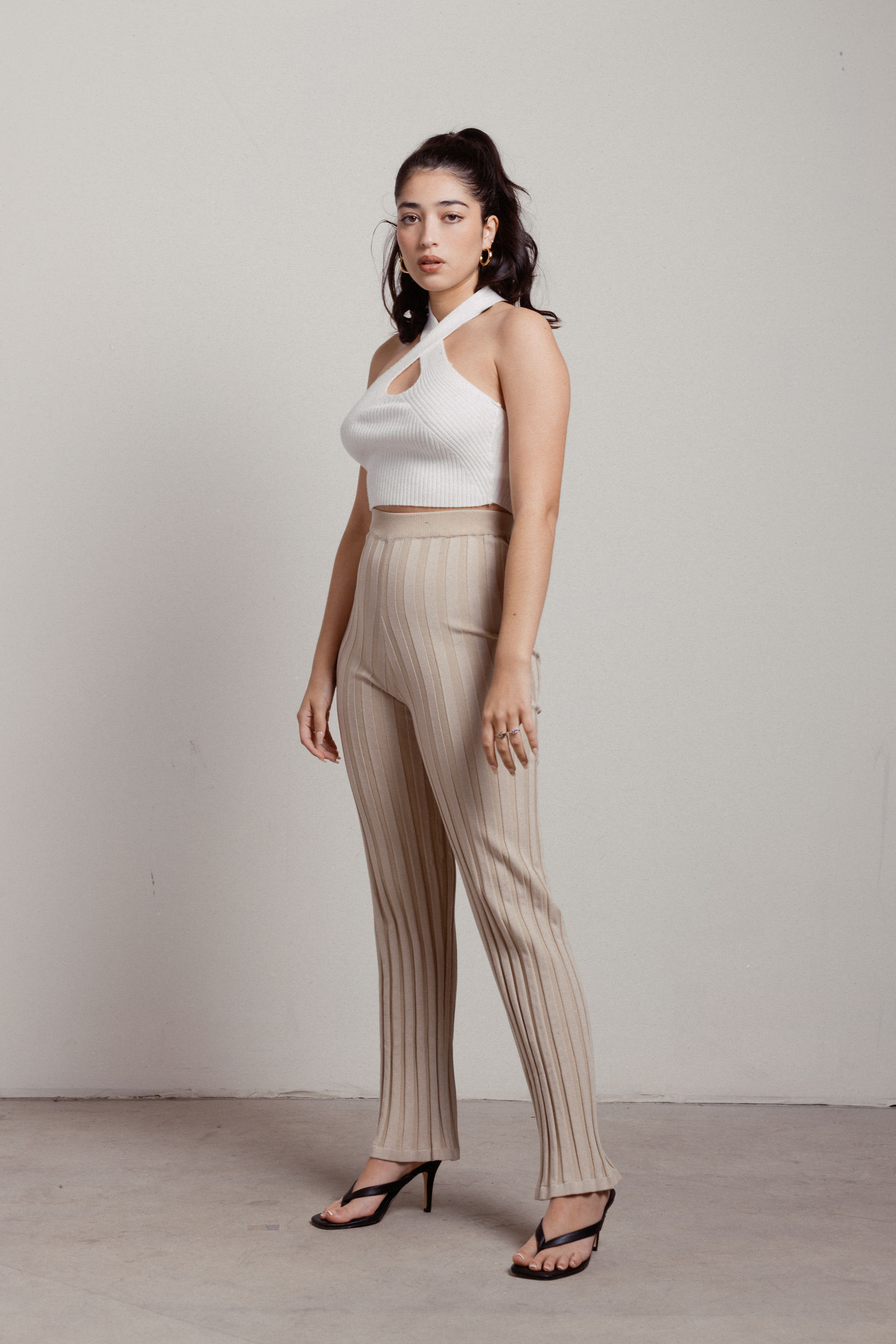 Beige High Waisted Pants - Ribbed Fitted Pants