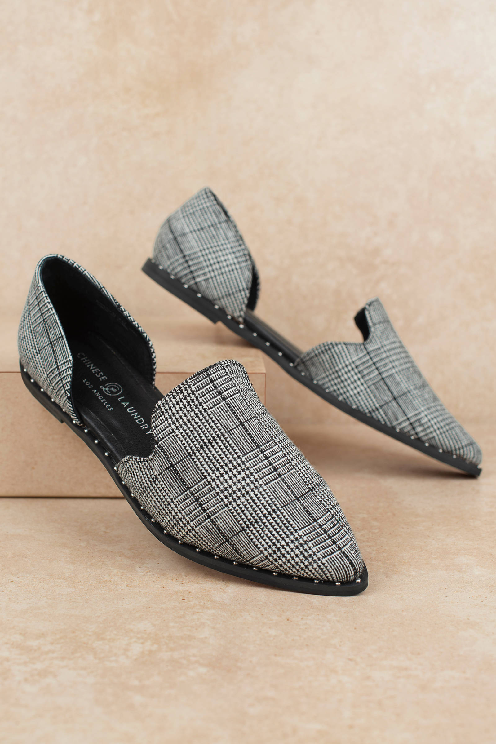 Black And White Flats - Plaid Print Flats - Pointed Flats
