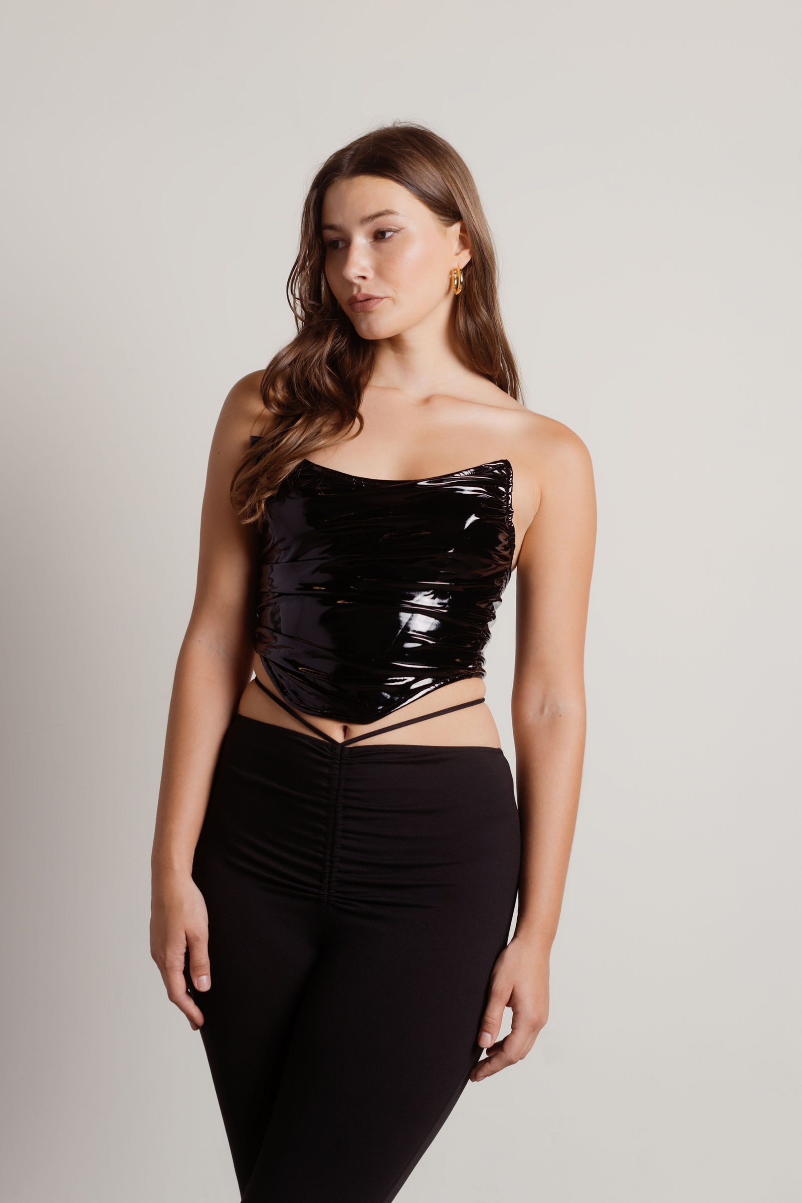 Black Crop Top - Leather Crop Top - V-Neckline Bustier Crop Top