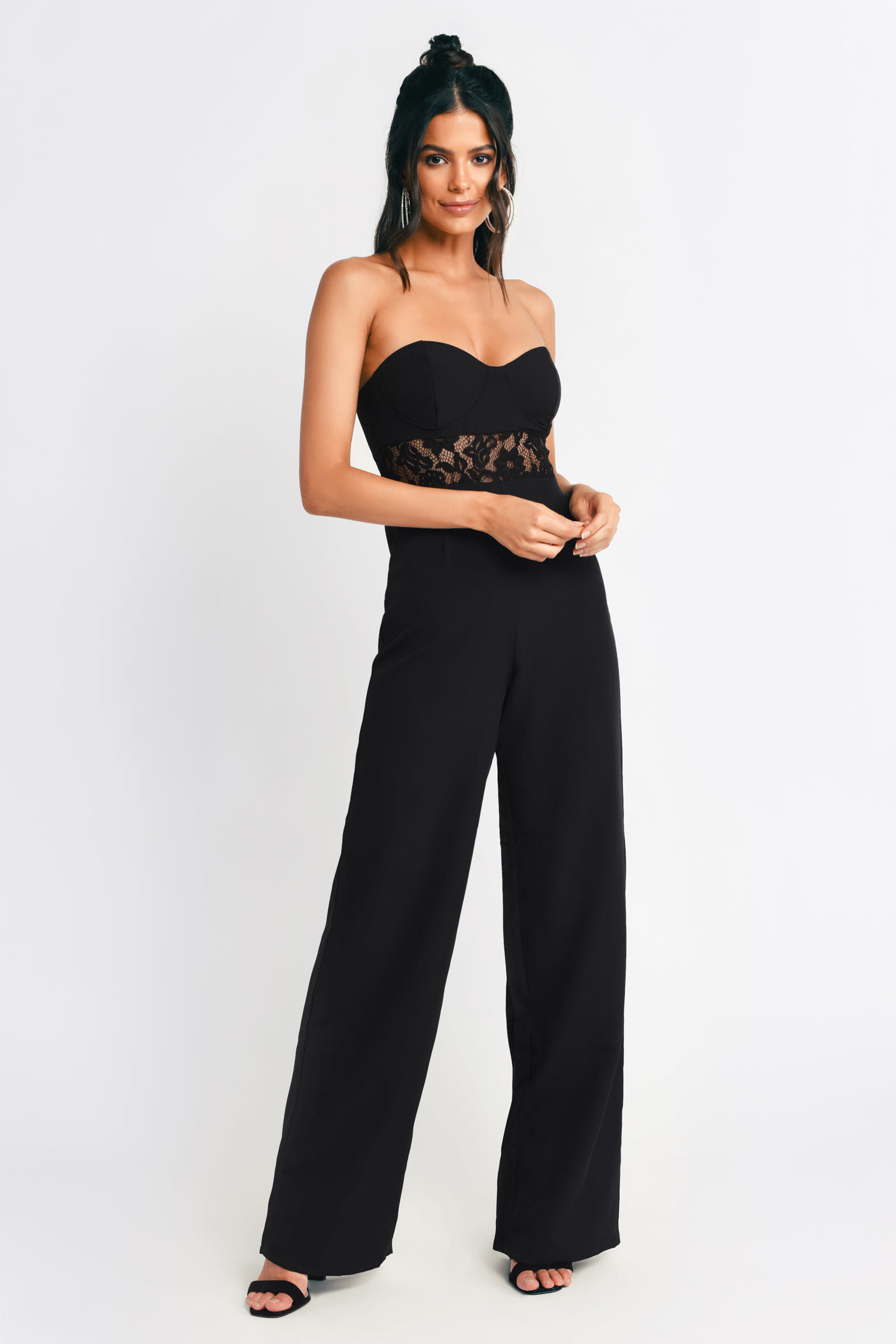 Black Strapless Jumpsuit - Lace Stripe Jumpsuit - Wide Leg Jumpsuit