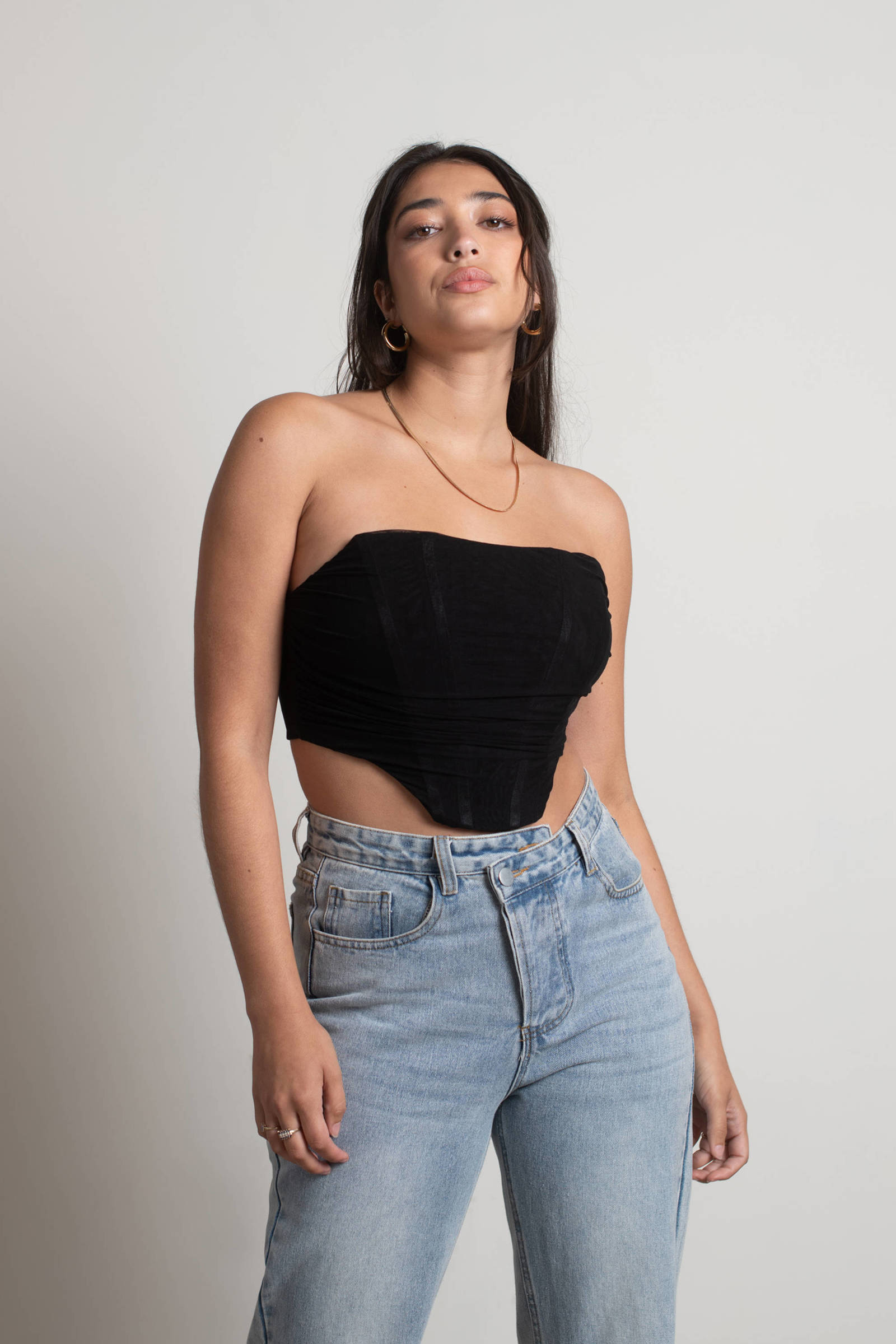 Black Crop Top - Mesh Gathered Strapless Crop Top - Bustier Corset Crop Top