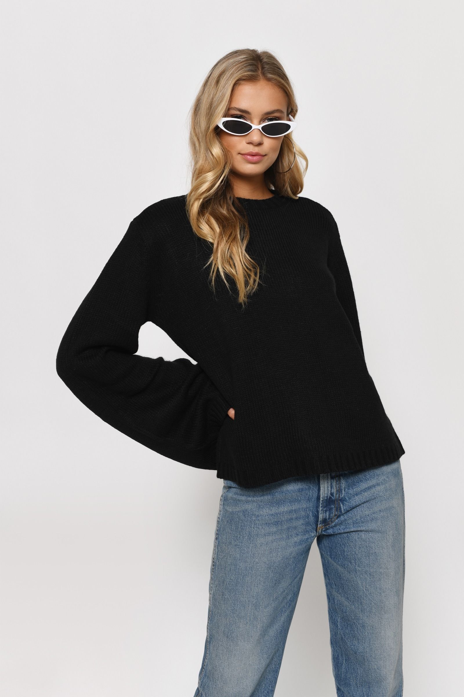 Black Sweater - Flared Sleeve Sweater - Crew Neckline Sweater