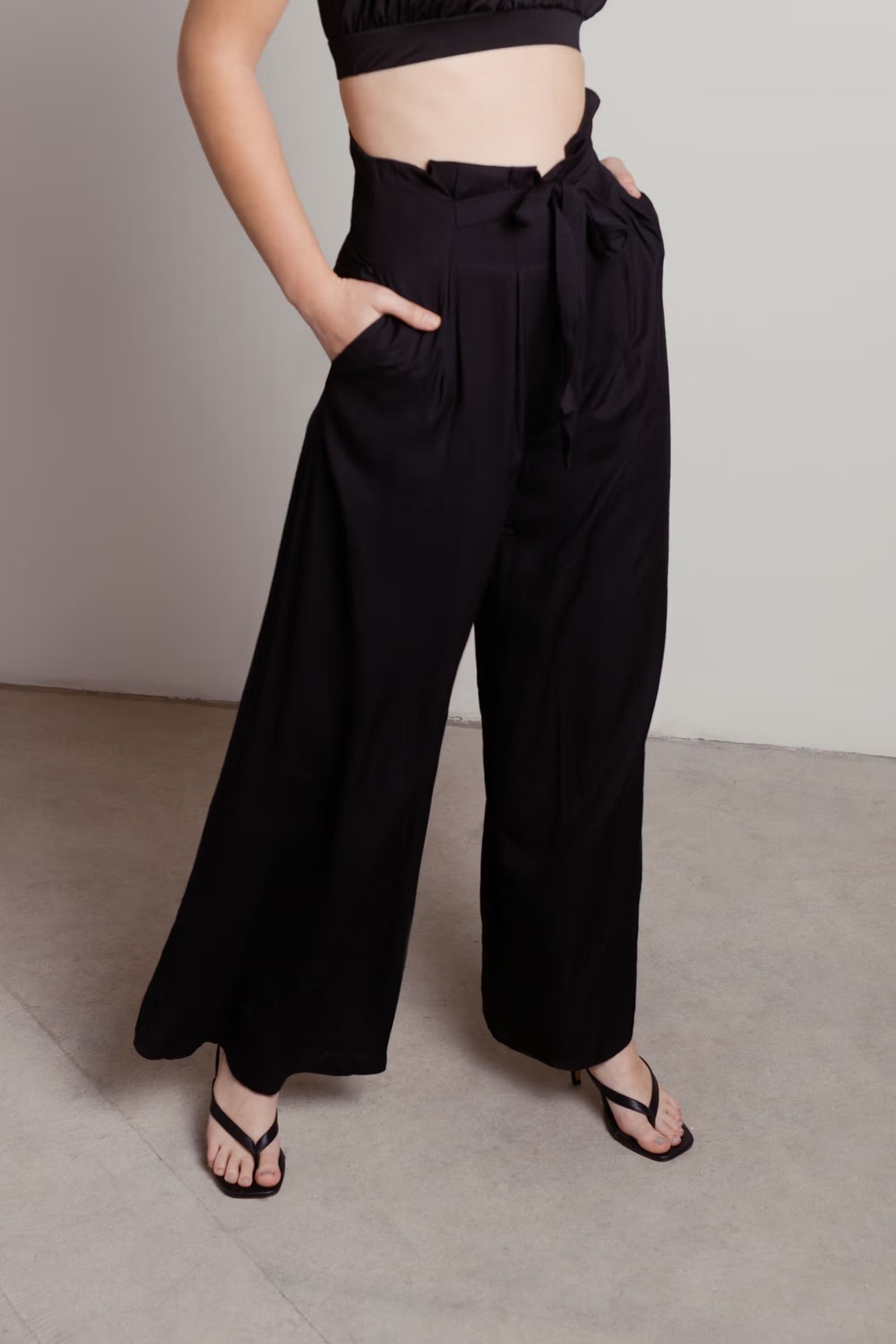 Black Wide Leg Pants - Back Zipper Ruffle Pants - Front Tie Pants