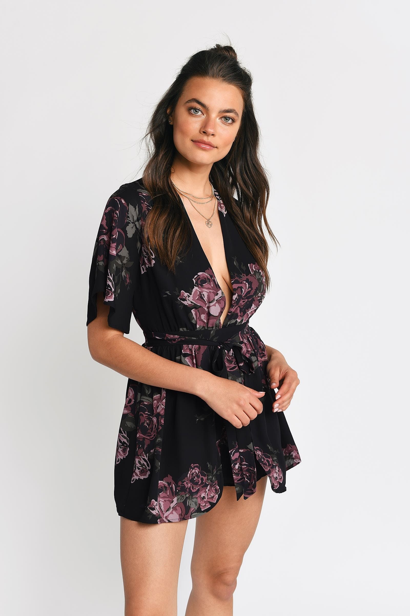 Black Romper - Multi Floral Print Romper - Plunging Neckline Romper