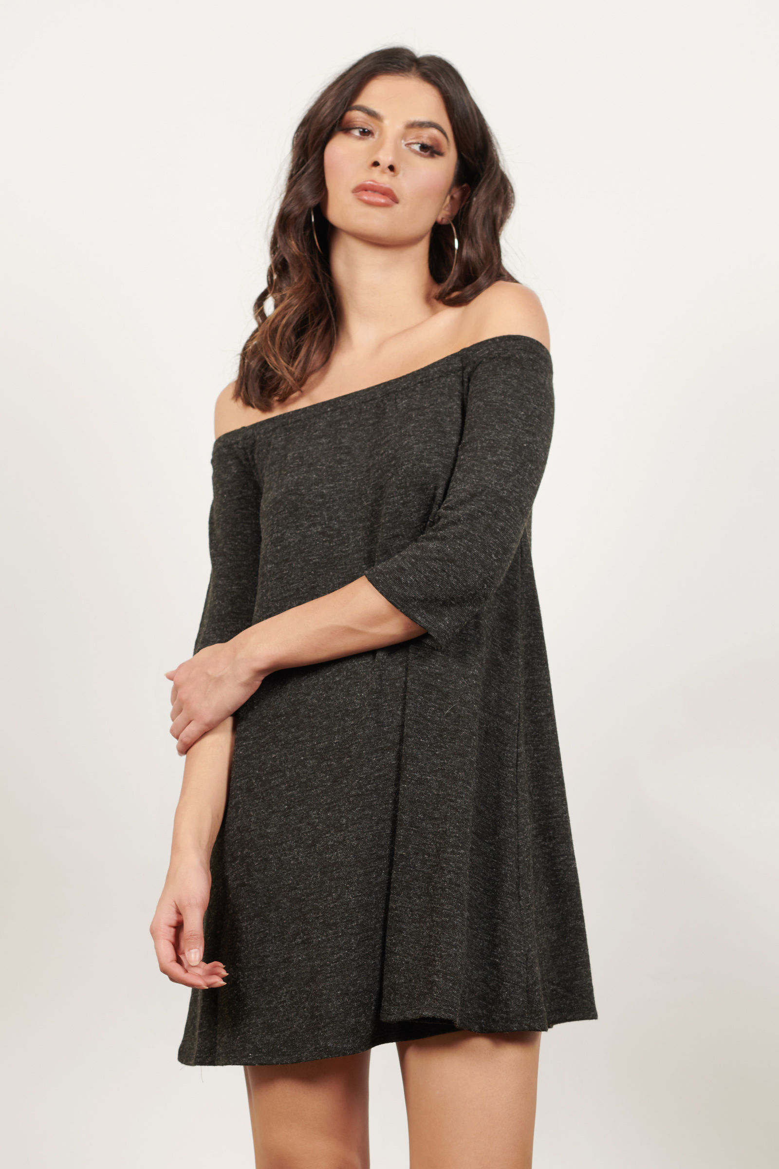 Black Mini Dress - Off Shoulder Shift Knit Dress - Chic Bardot Neckline ...