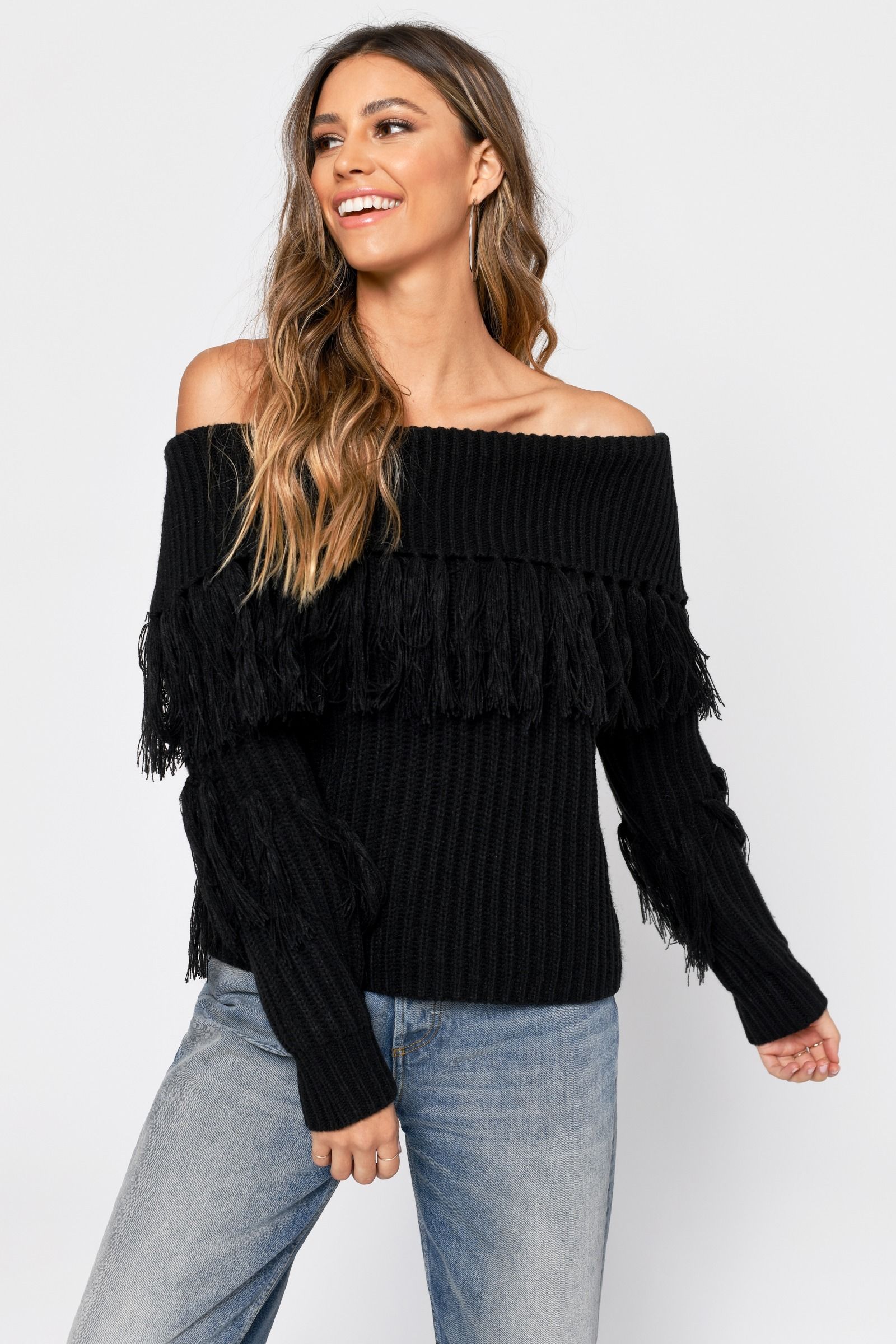 Black Sweater - Off Shoulder Sweater - Neckline Foldover With Fringe ...