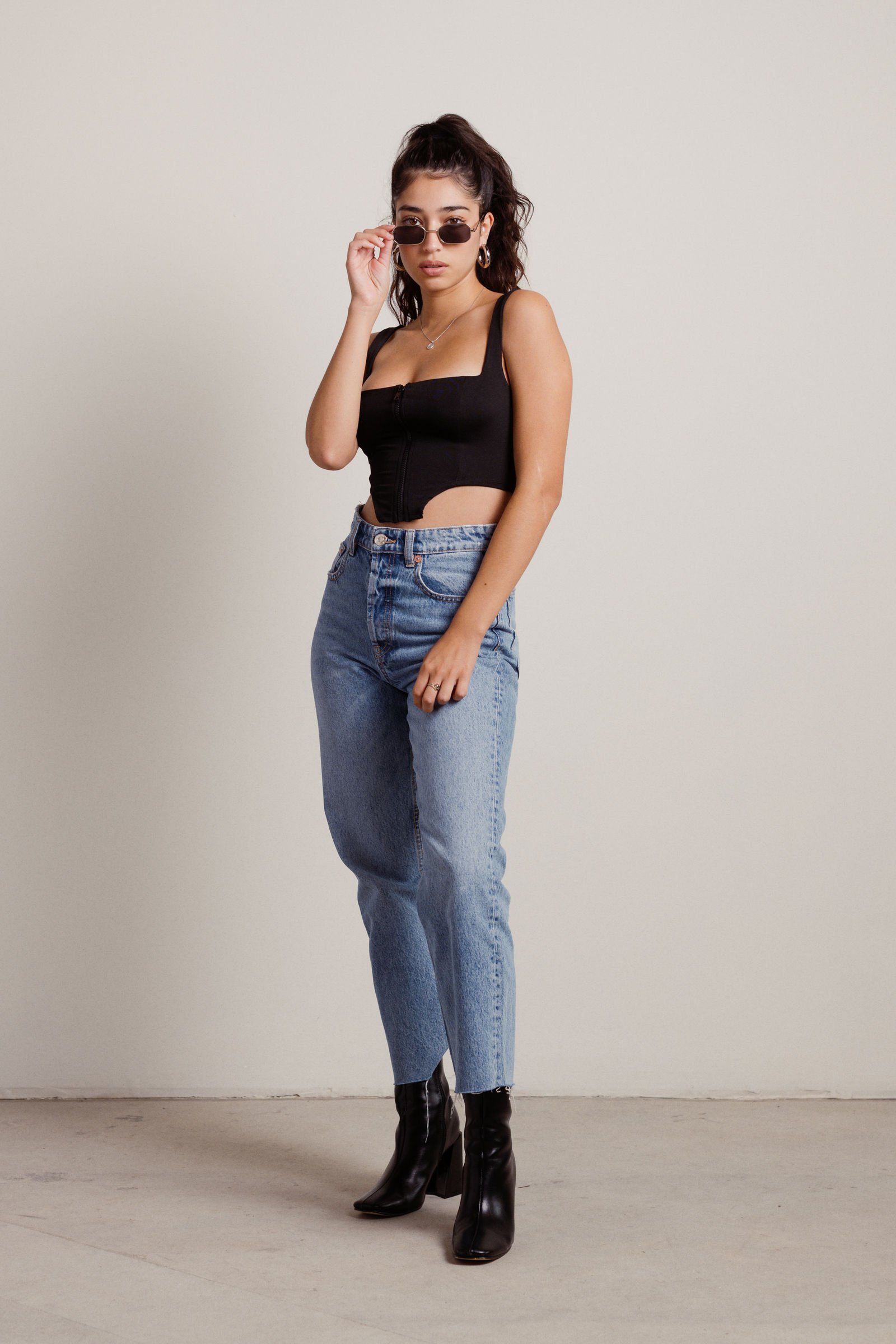 Black Crop Top - Side Cut Out Crop Top - Front Zipper Crop Top