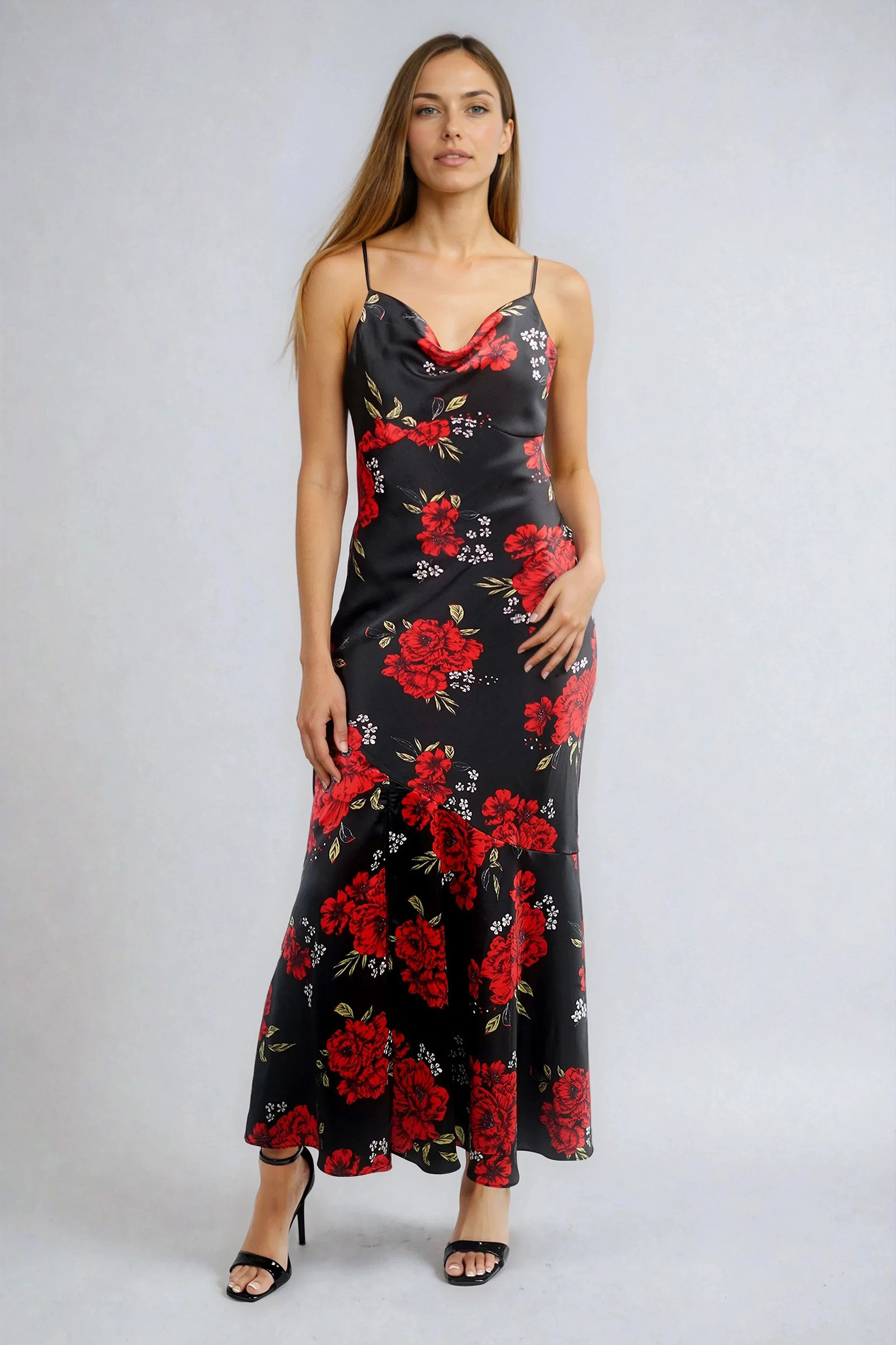 Petals of Love Satin Floral Maxi Dress - Black/Red - $46 | Tobi US