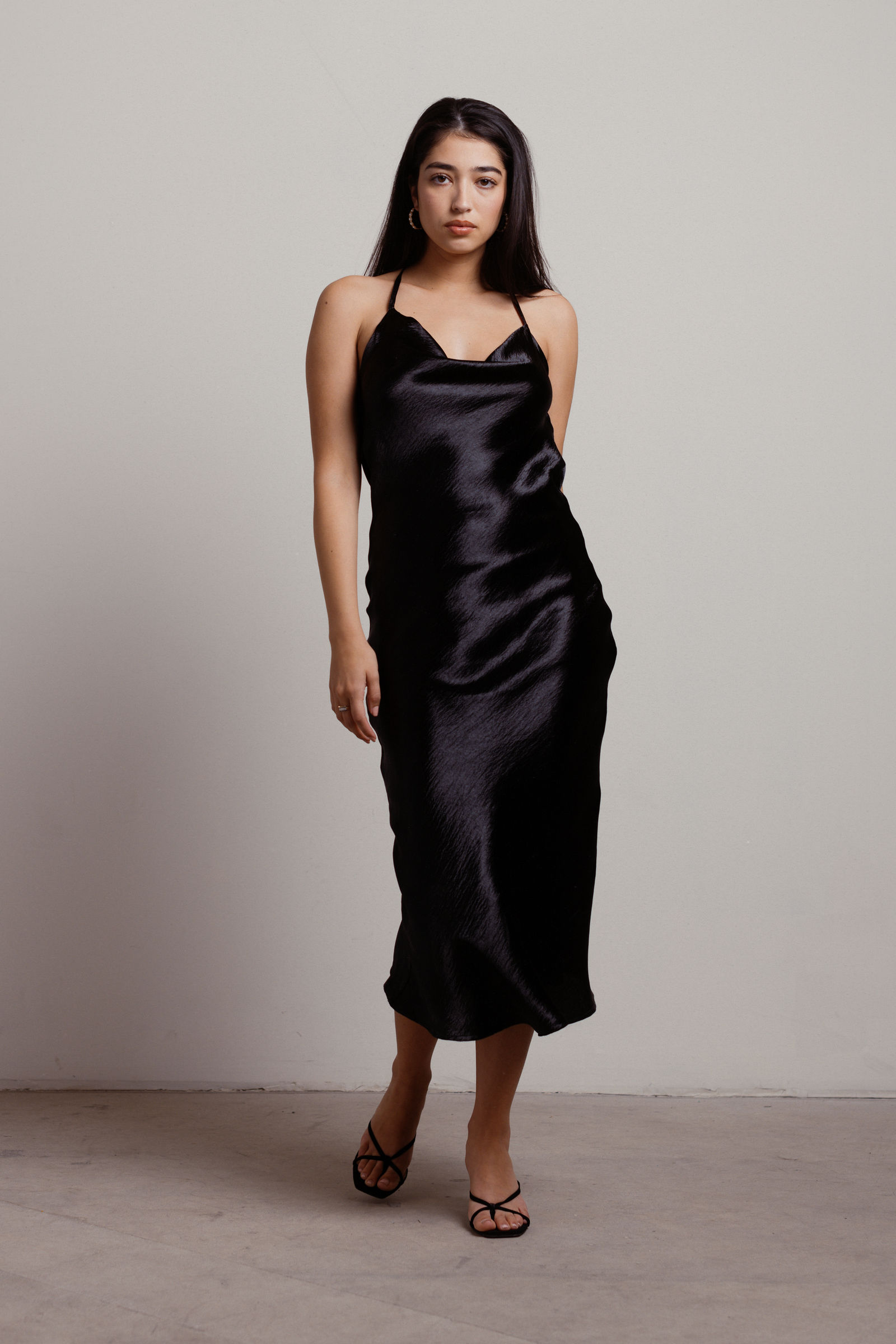 Shiny Black Dress - X Back Dress - Satin Midi Dress