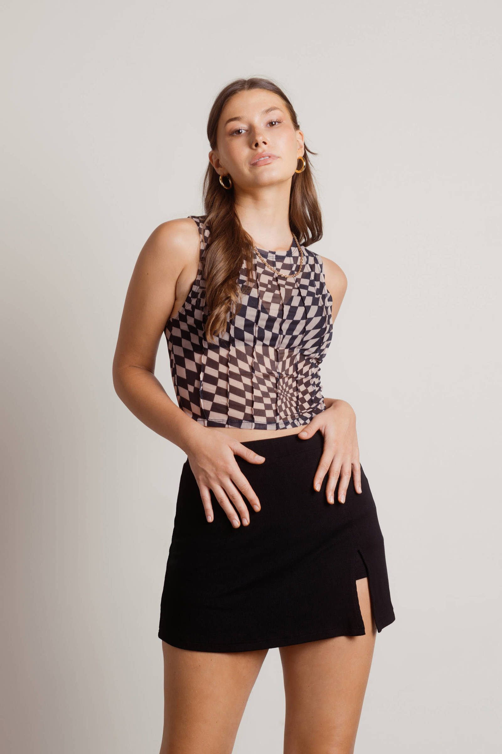 Brown Checkered Tank Top - Sheer Mesh Tank Top - Exposed Seam Top