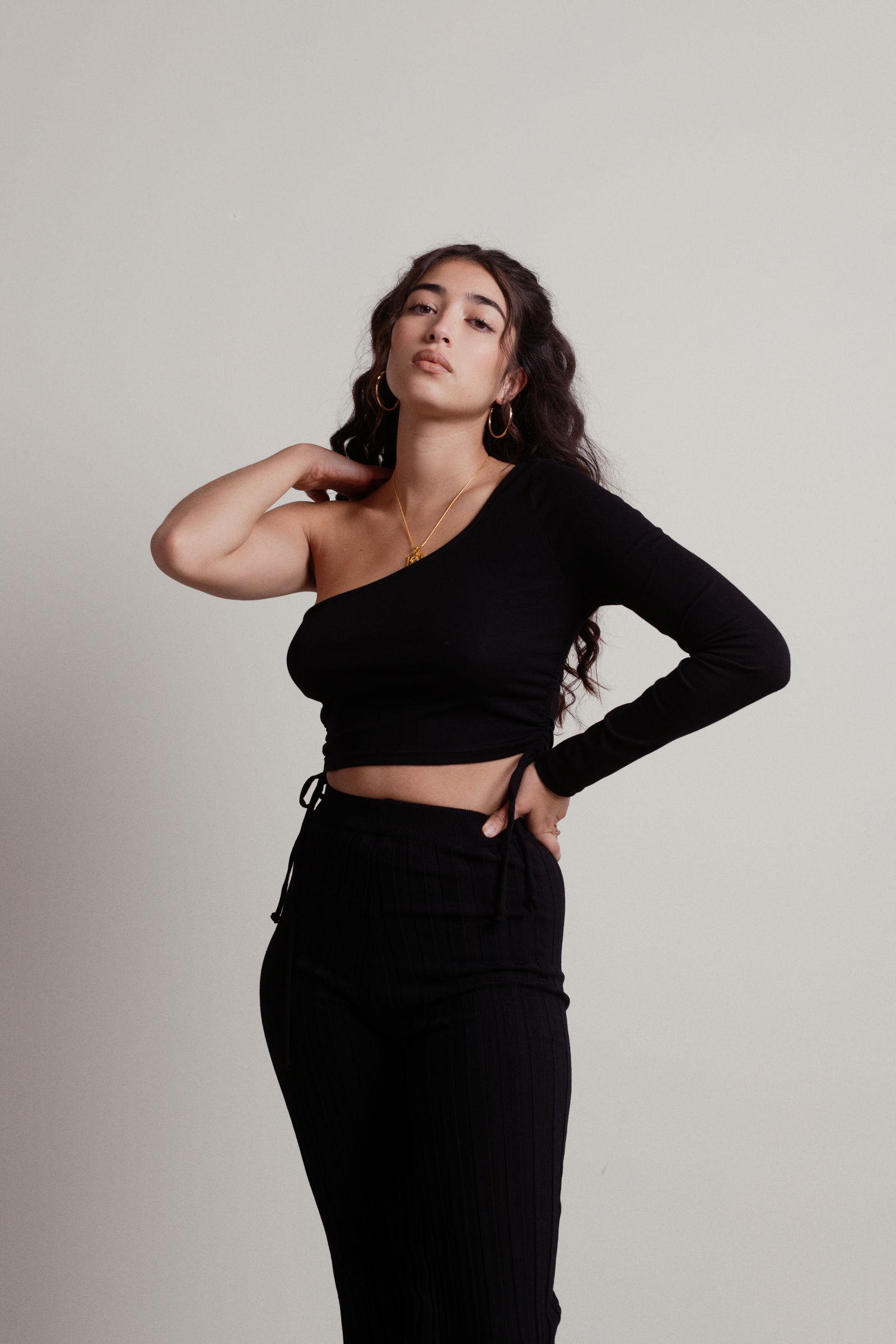 Black One Shoulder Crop Top - One Long Sleeve Crop Top - Side Ruched Top