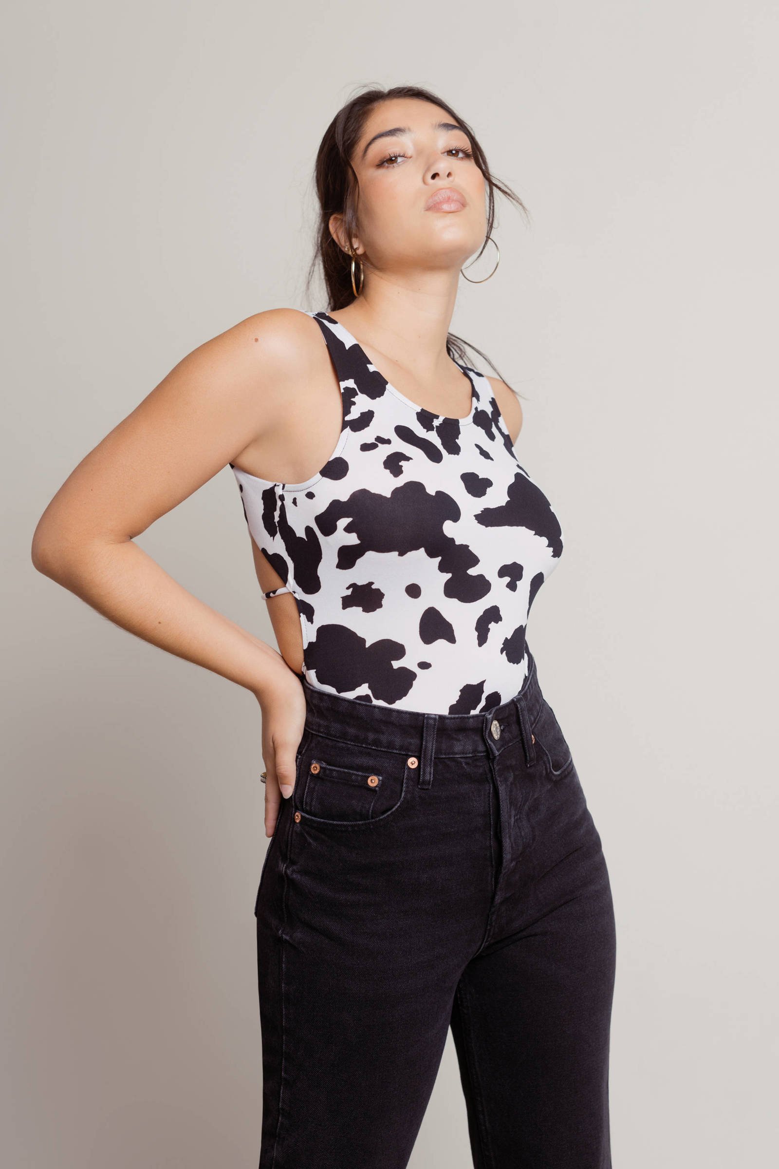 Black & White Bodysuit - Cow Print Bodysuit - Sleeveless Open Back Bodysuit