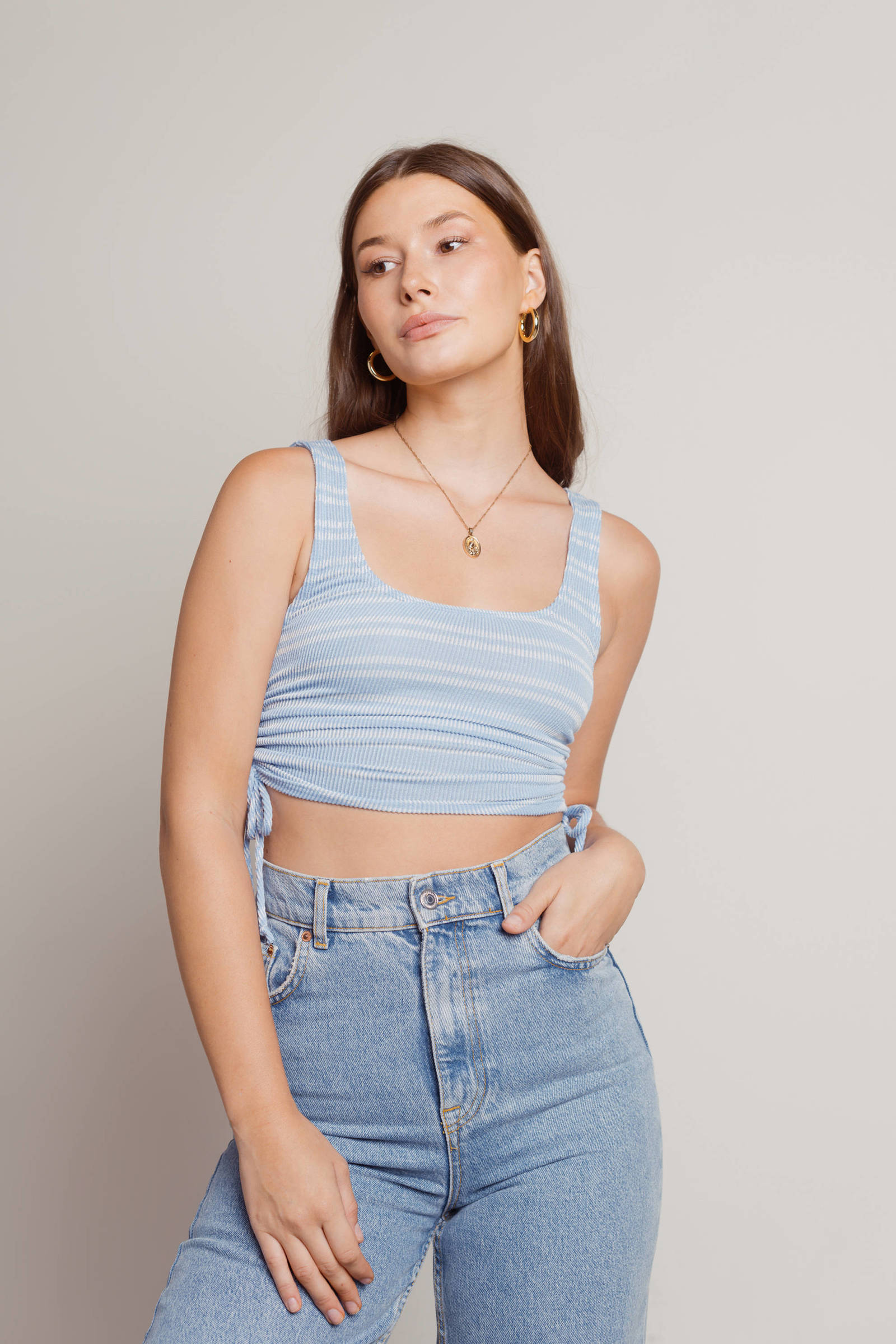 Orange Tank Top - Side Ruched Crop Top - Striped Top