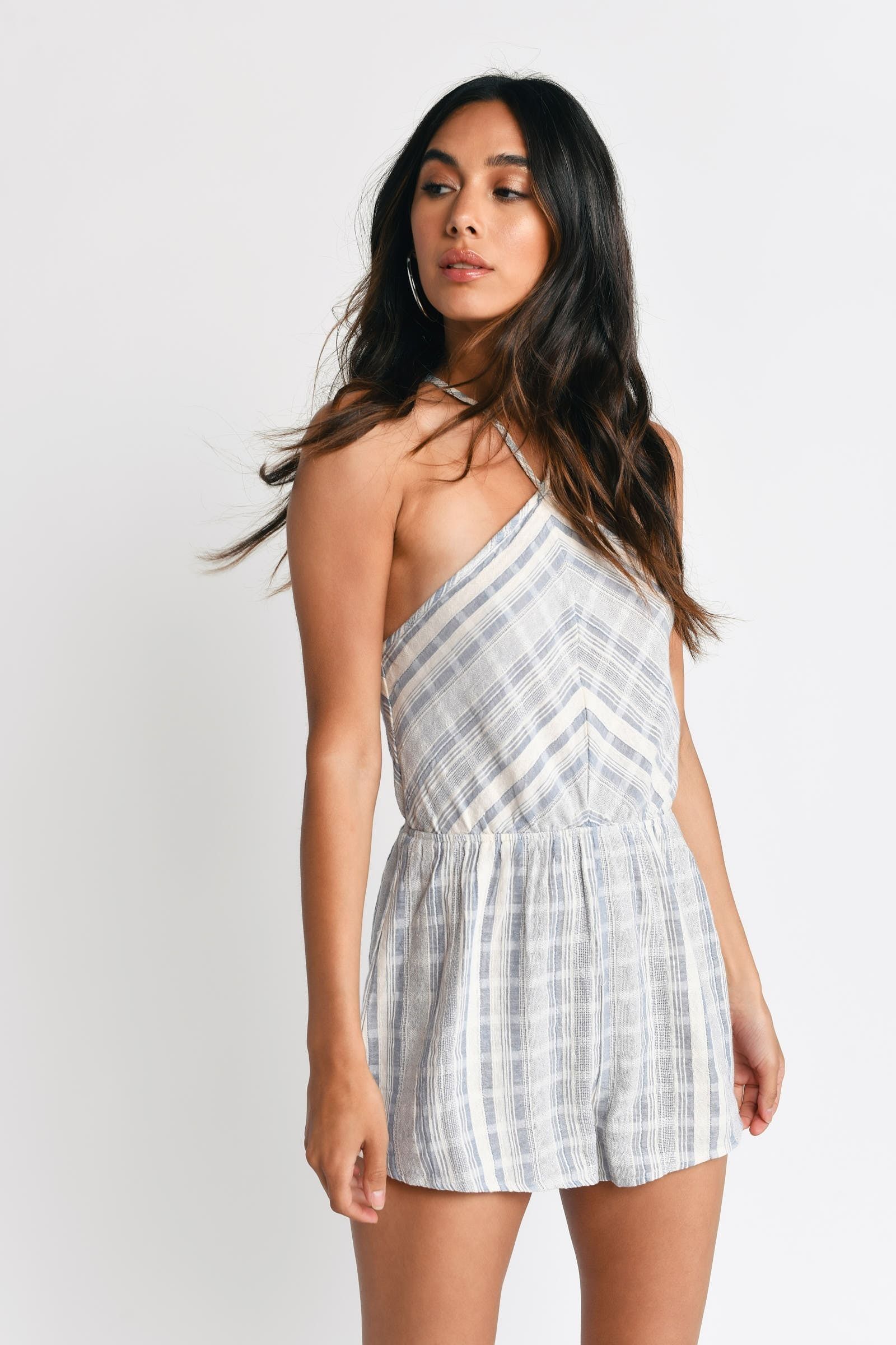 White & Blue Romper - Striped Plaid Romper - Lace Up Halter Romper