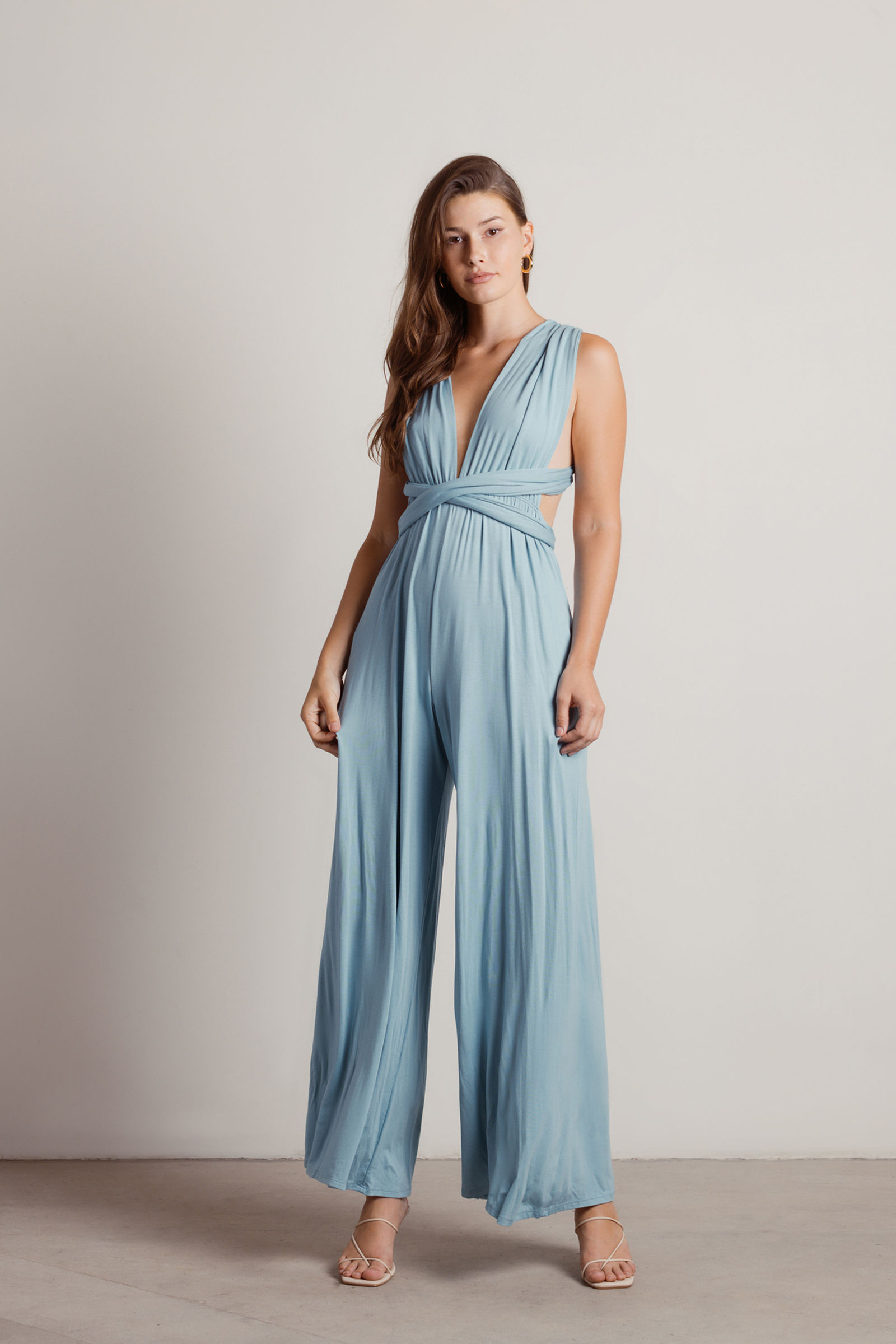 Blue Convertible Jumpsuit - Deep V Open Back Jumpsuit - Wide Leg Jumpsuit