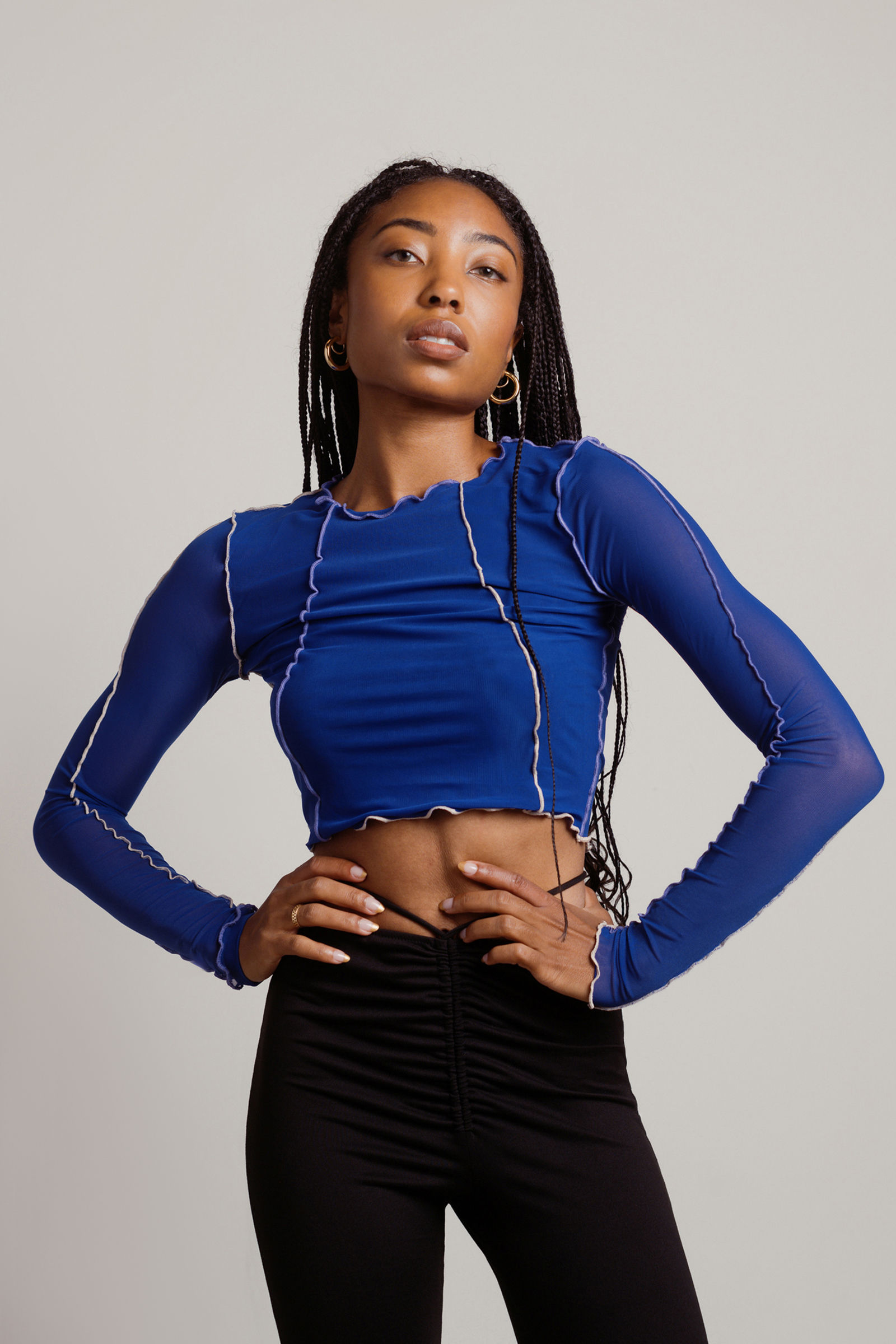 Green Contrast Top - Sheer Mesh Top - Exposed Stitch Top