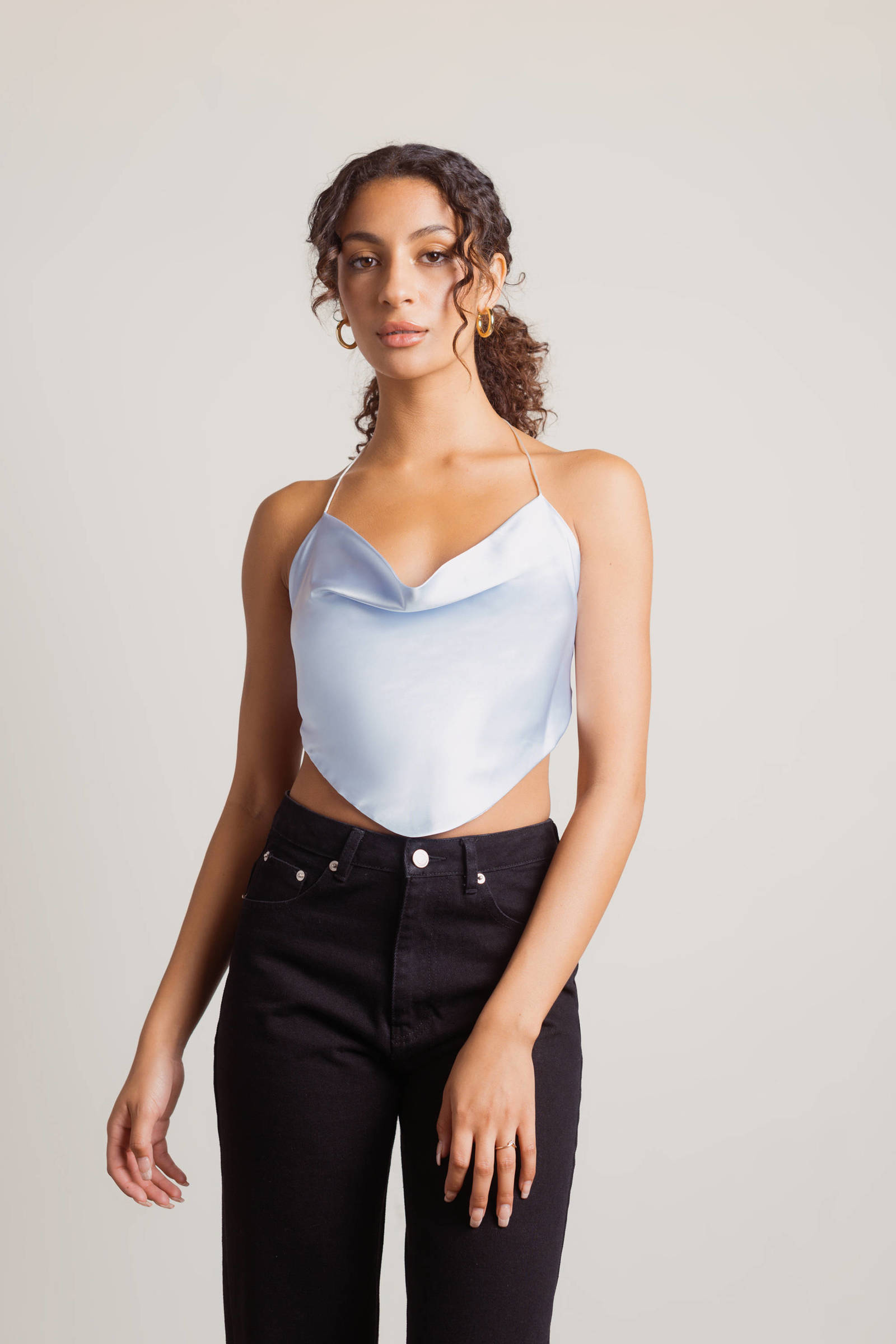 Satin Blue Crop Top - Cowl Neck Top - Ice Blue Tank Top