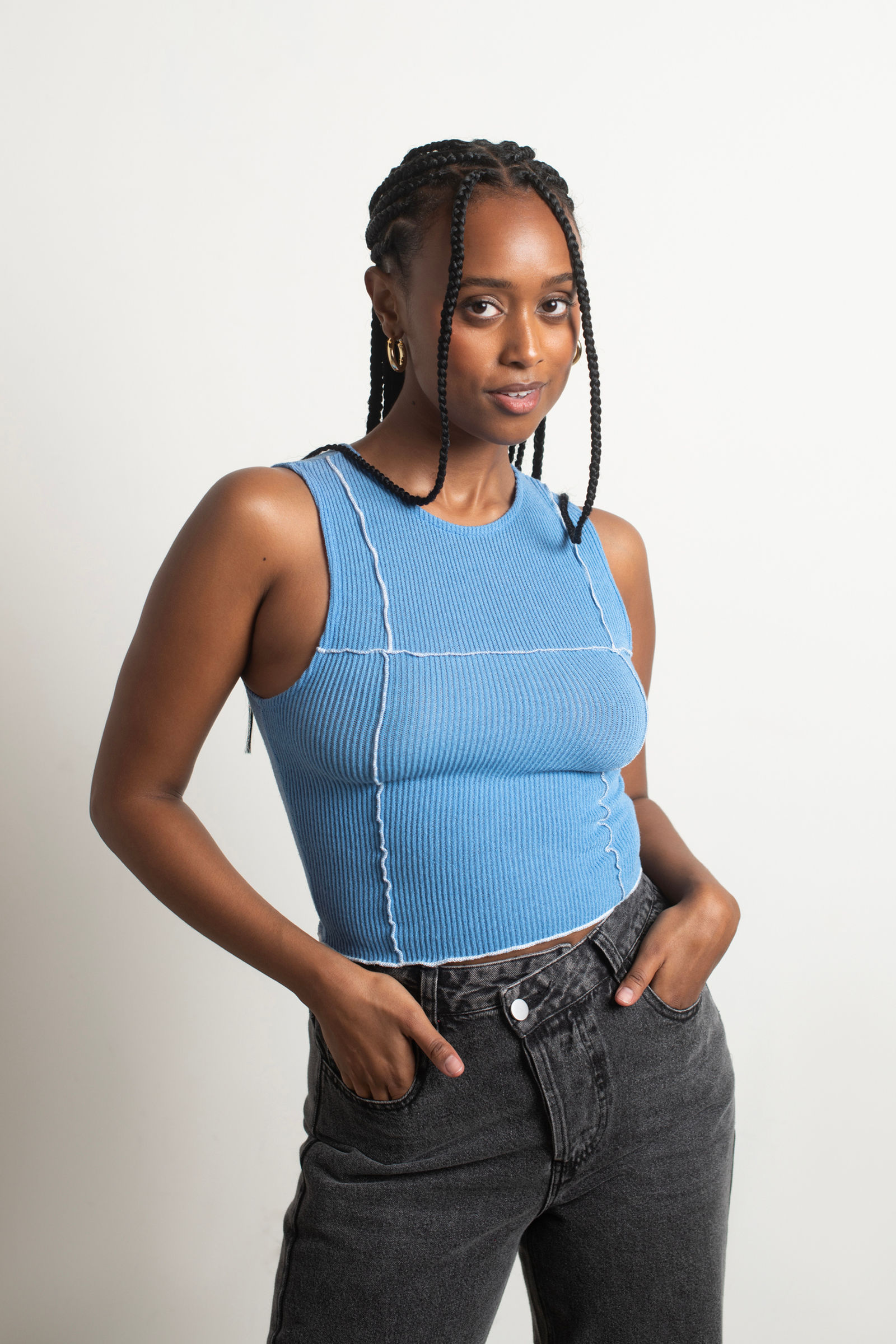 Cute Blue Tank Top - Exposed Stitch Top - Ribbed Top