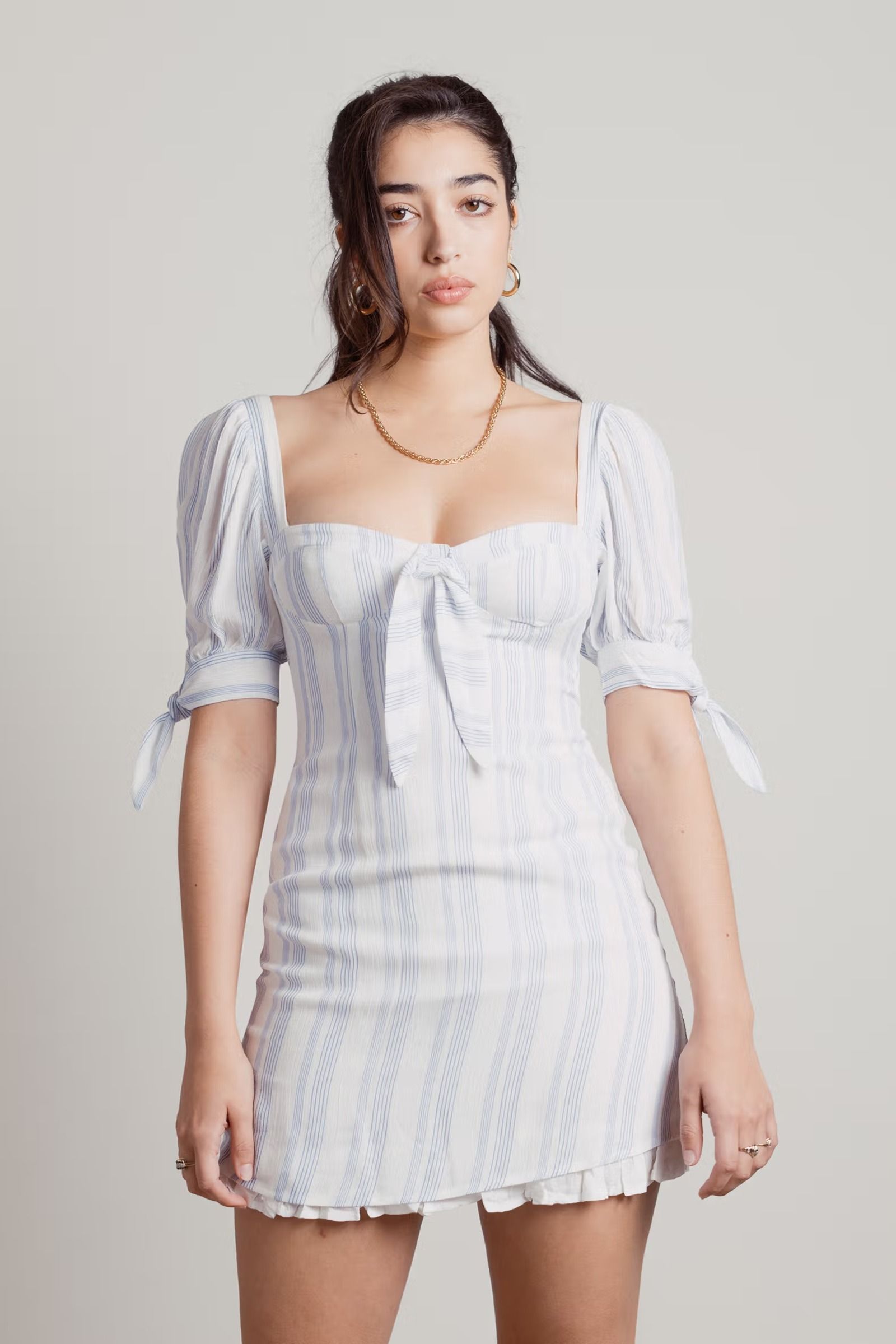 White & Blue Dress - Striped Mini Dress - White Puff Sleeve Dress
