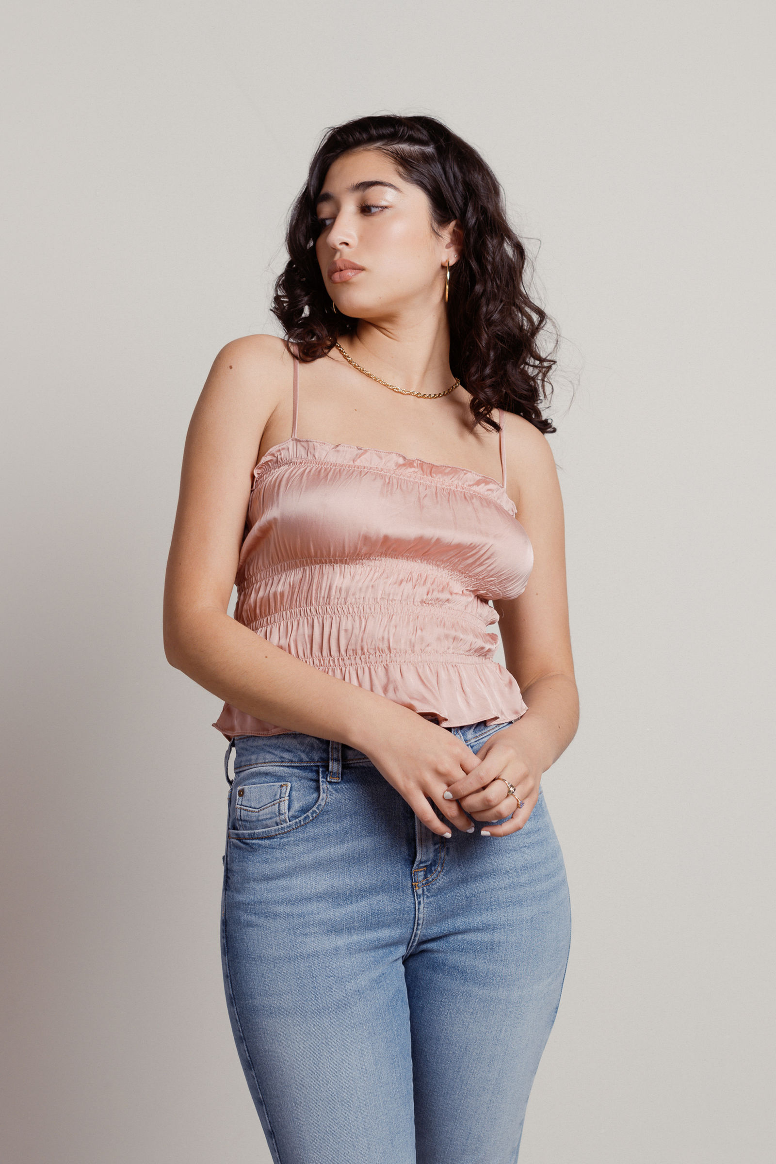 Pink Tank Top - Satin Ruched Tank Top - Blush Smocked Tank Top