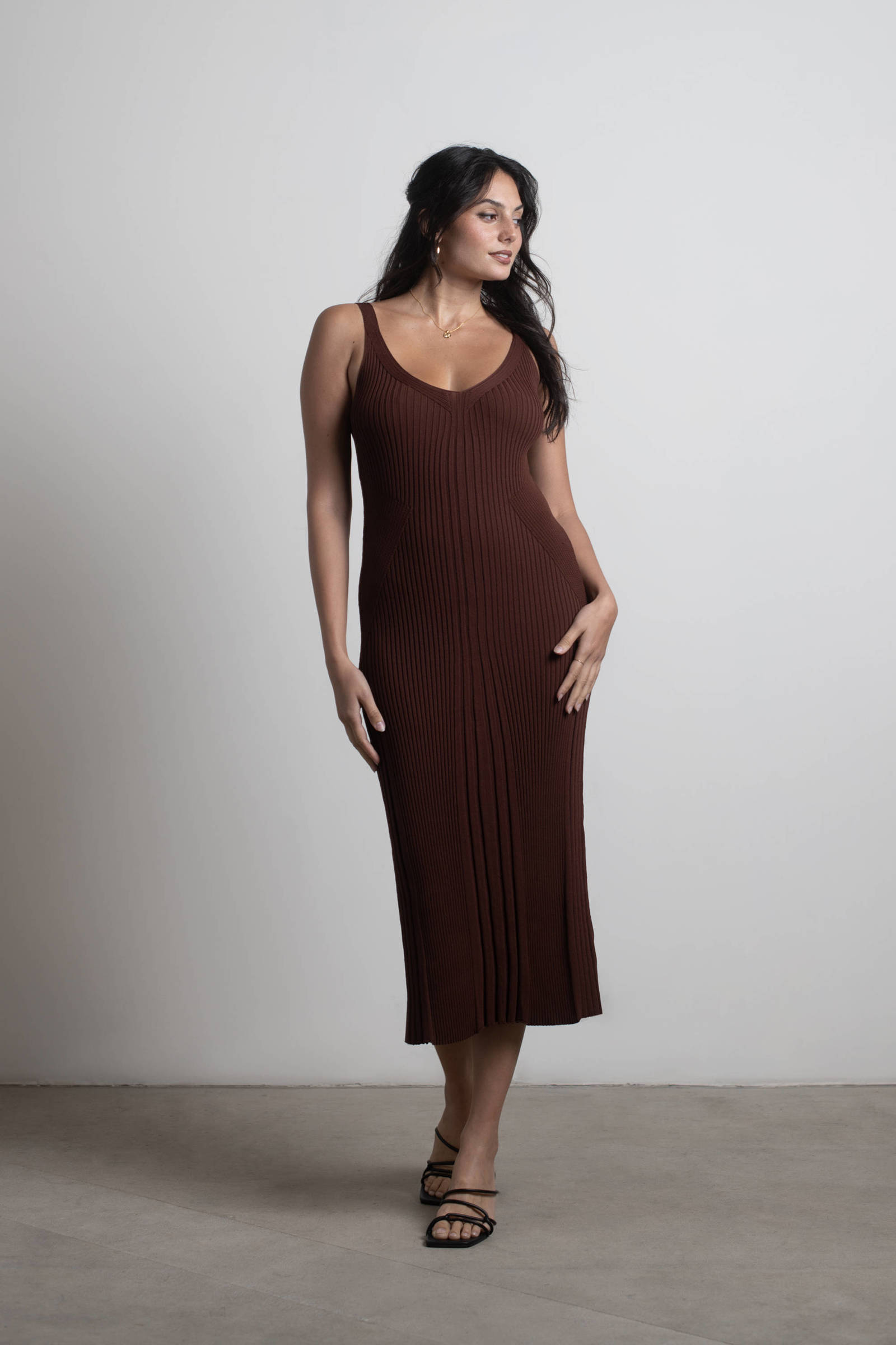 Brown Midi Dress - Basic Ribbed Bodycon - Brown Dress