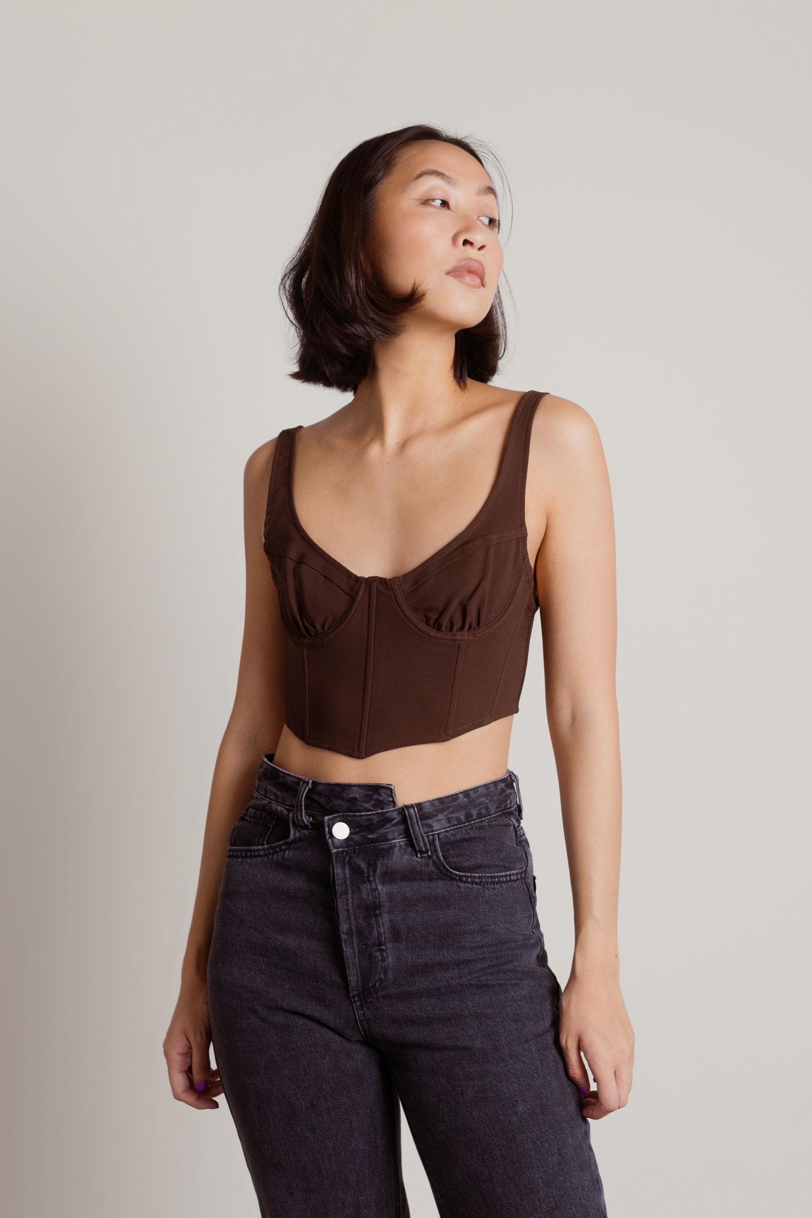 Black Crop Bustier Top - Curved Hem Crop Top - Sleeveless Bustier Top