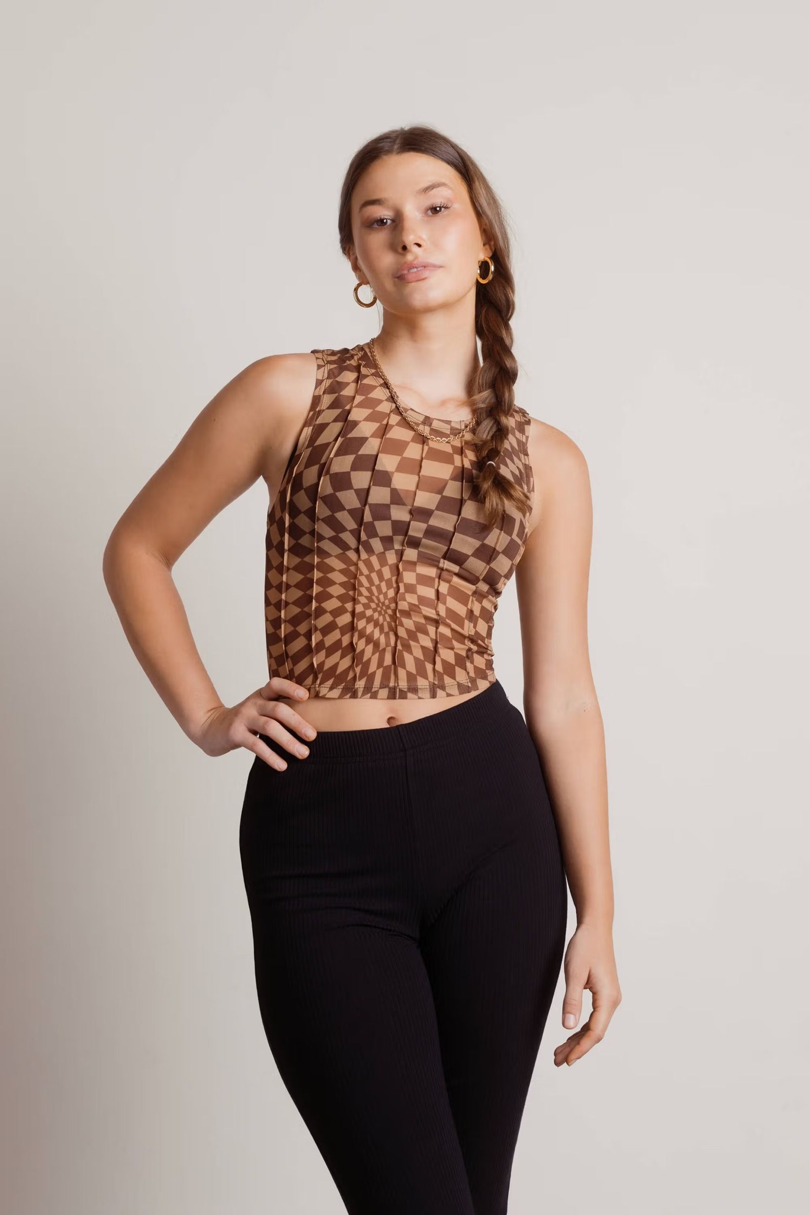 Brown Checkered Tank Top - Sheer Mesh Tank Top - Exposed Seam Top