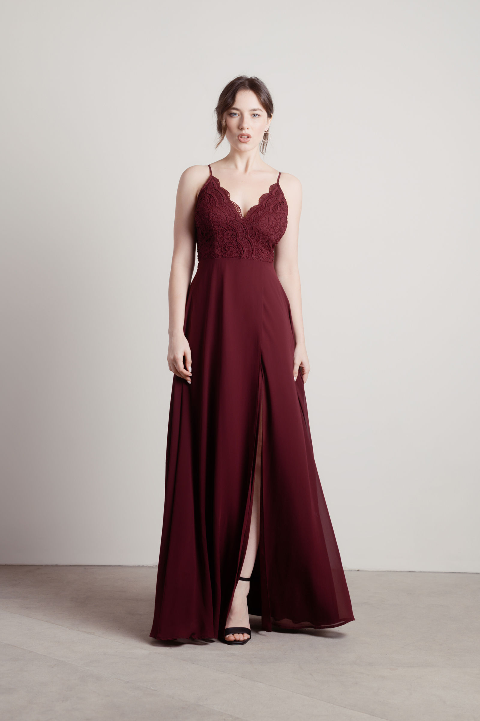 Burgundy Maxi Dress - Red X-Back Dress - Lace High Slit Dress