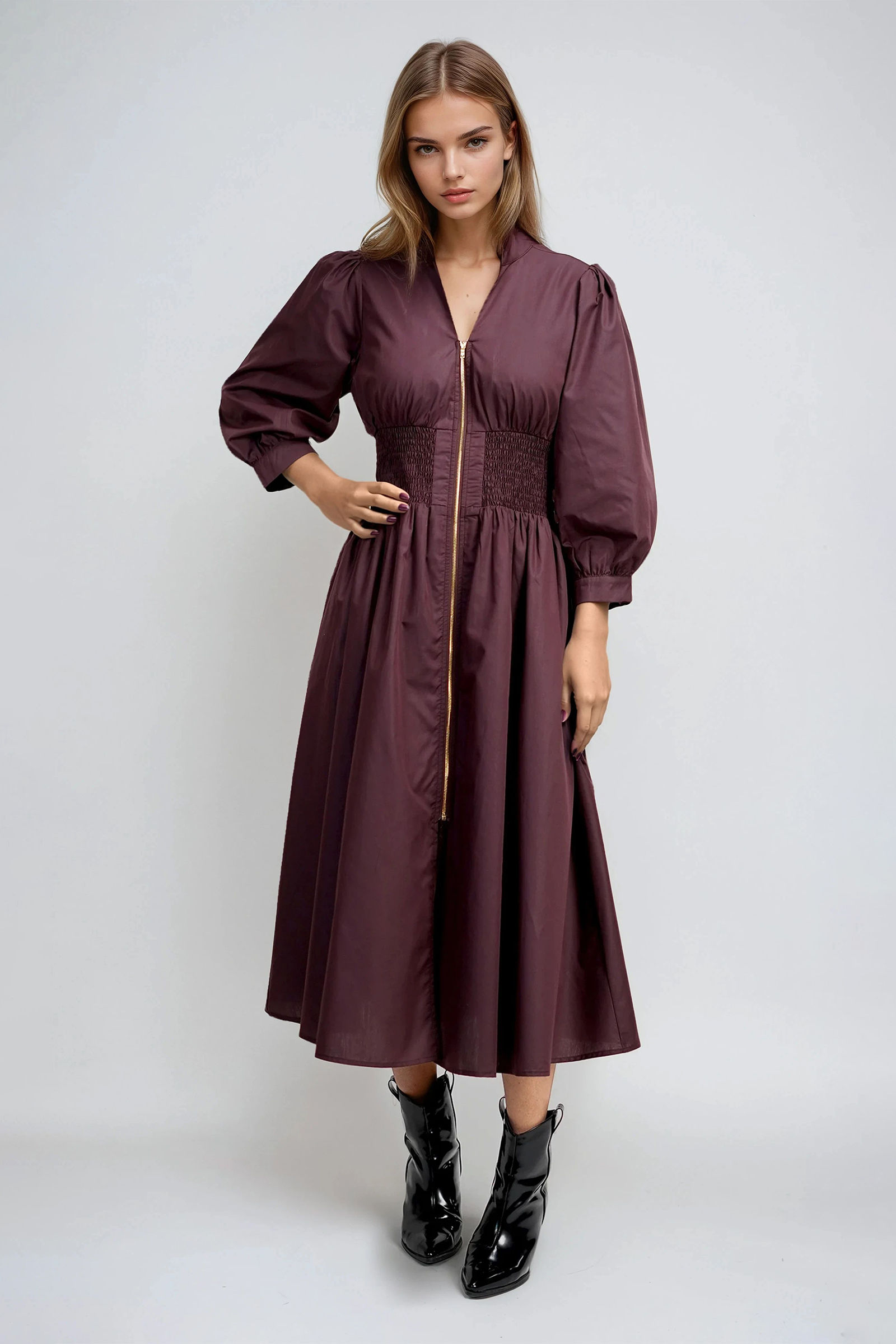 Chic Motion Front Zip Smocked Midi Dress - Chocolate - $52 | Tobi US