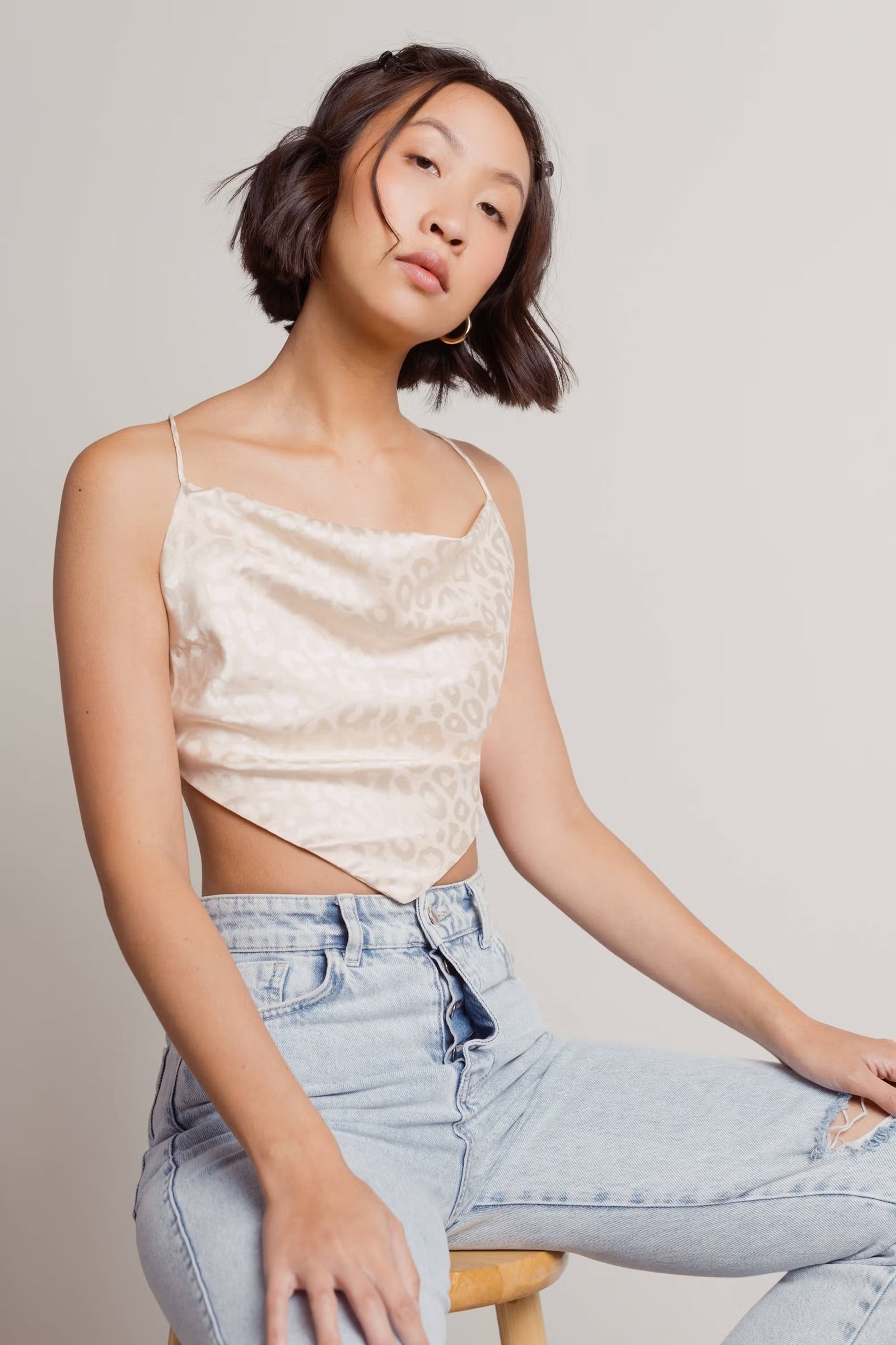 Cream Satin Open Back Crop Top - Leopard Print Handkerchief Top