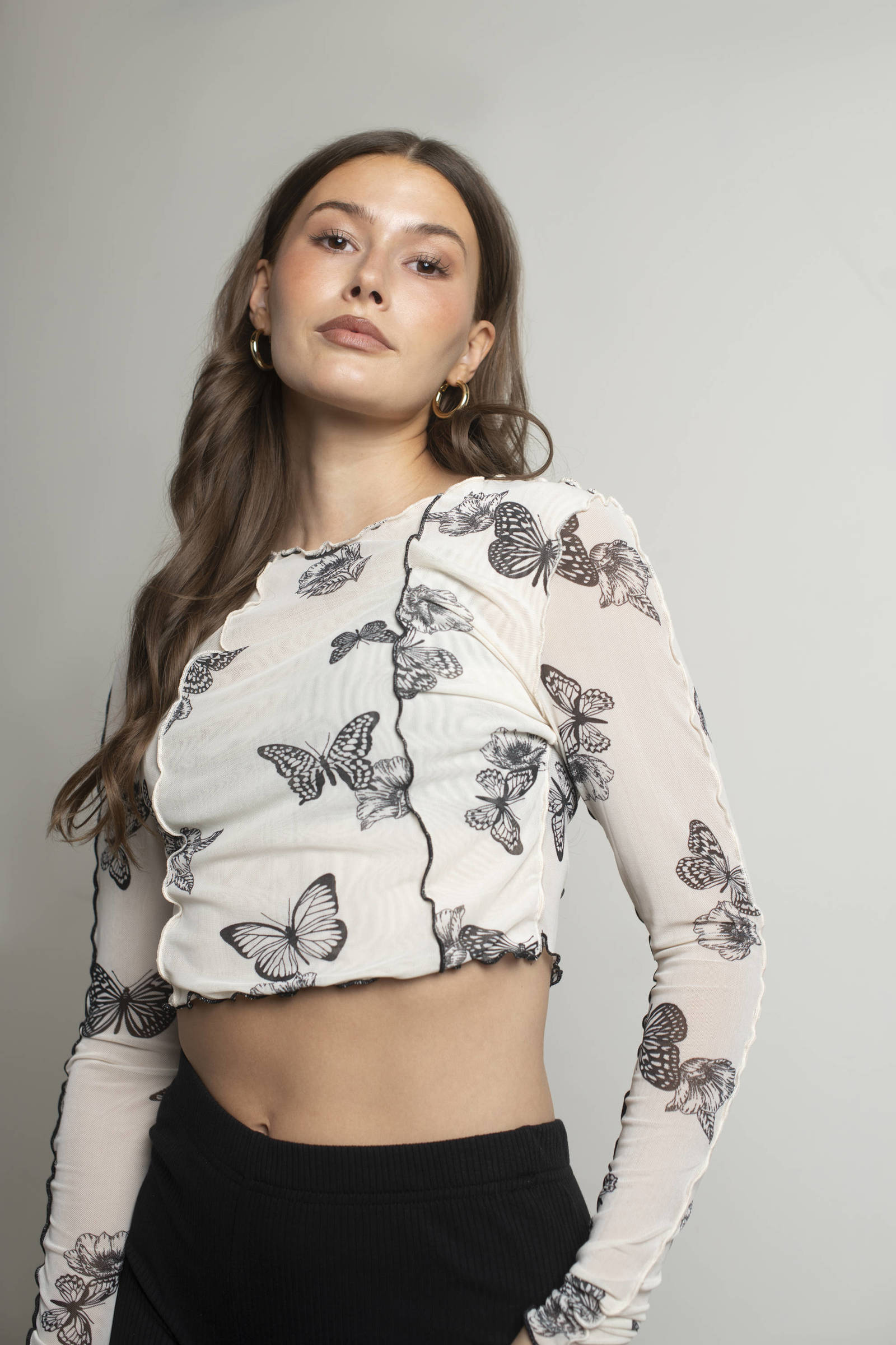 Cream Mesh Top - Butterfly Print Top - Sheer Crop Top