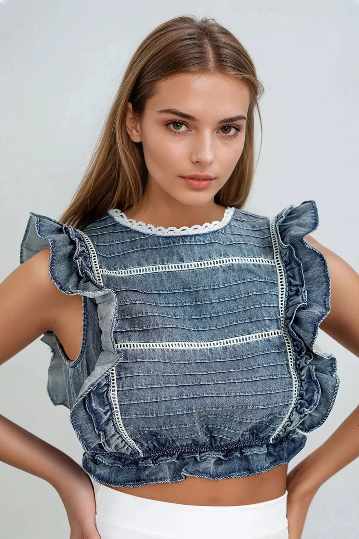 Blue Crop Tops - Multi Palm Print Crop Top - Navy High Neck Crop Top