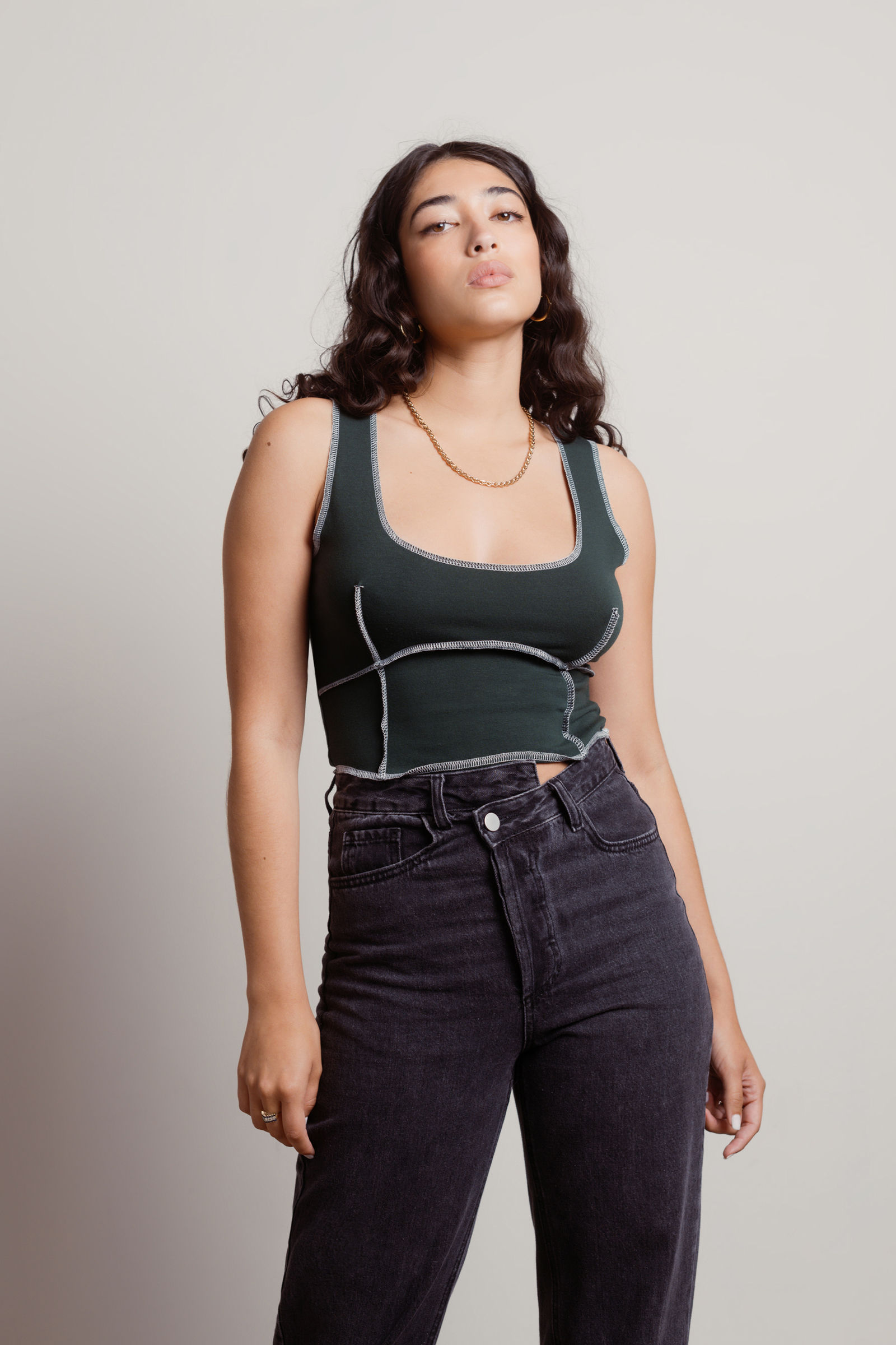 Cute Black Crop Top - Exposed Stitch Top - Fitted Top