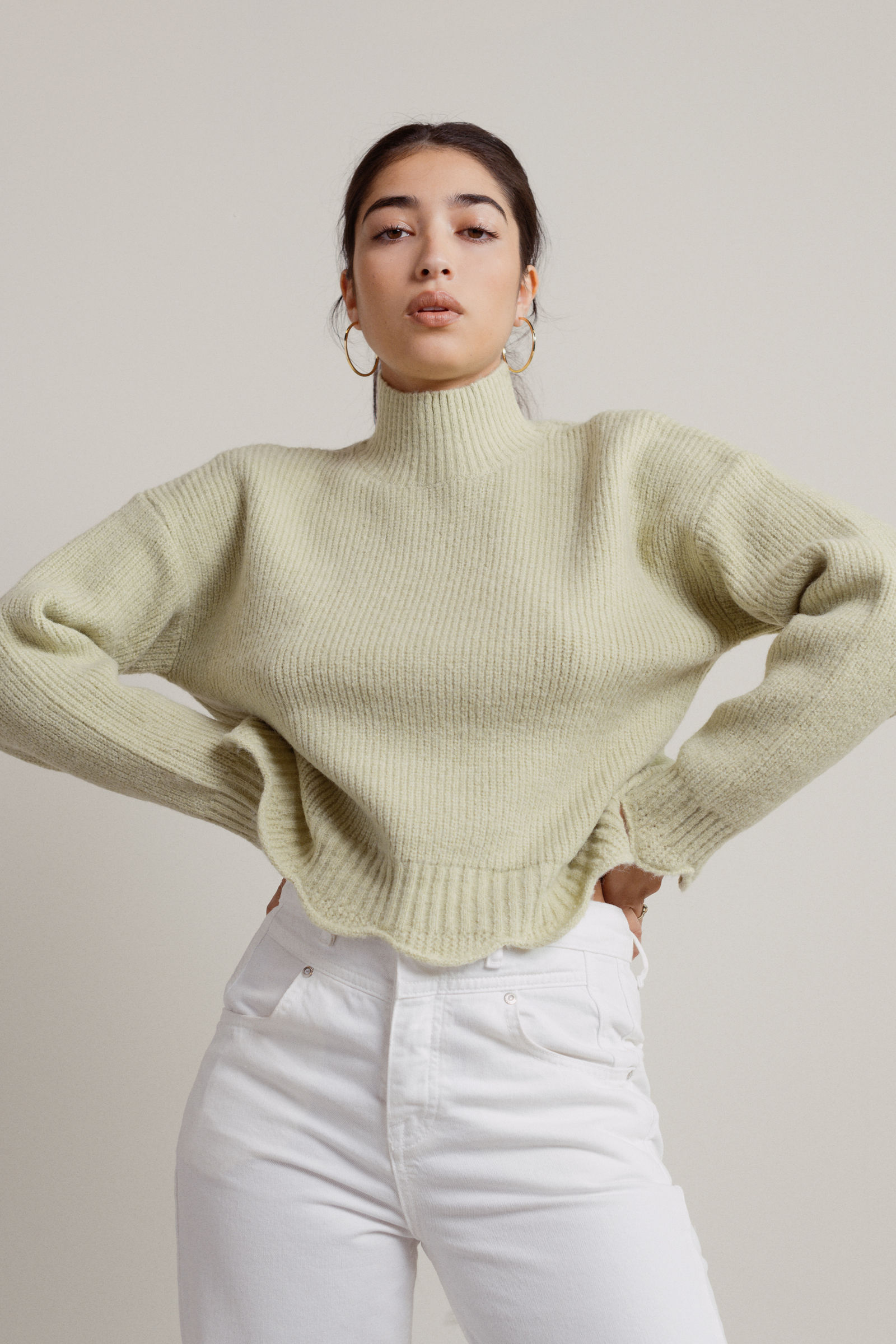 Green Sweater - Ribbed Mock Neck Sweater - Scallop Hem Sweater