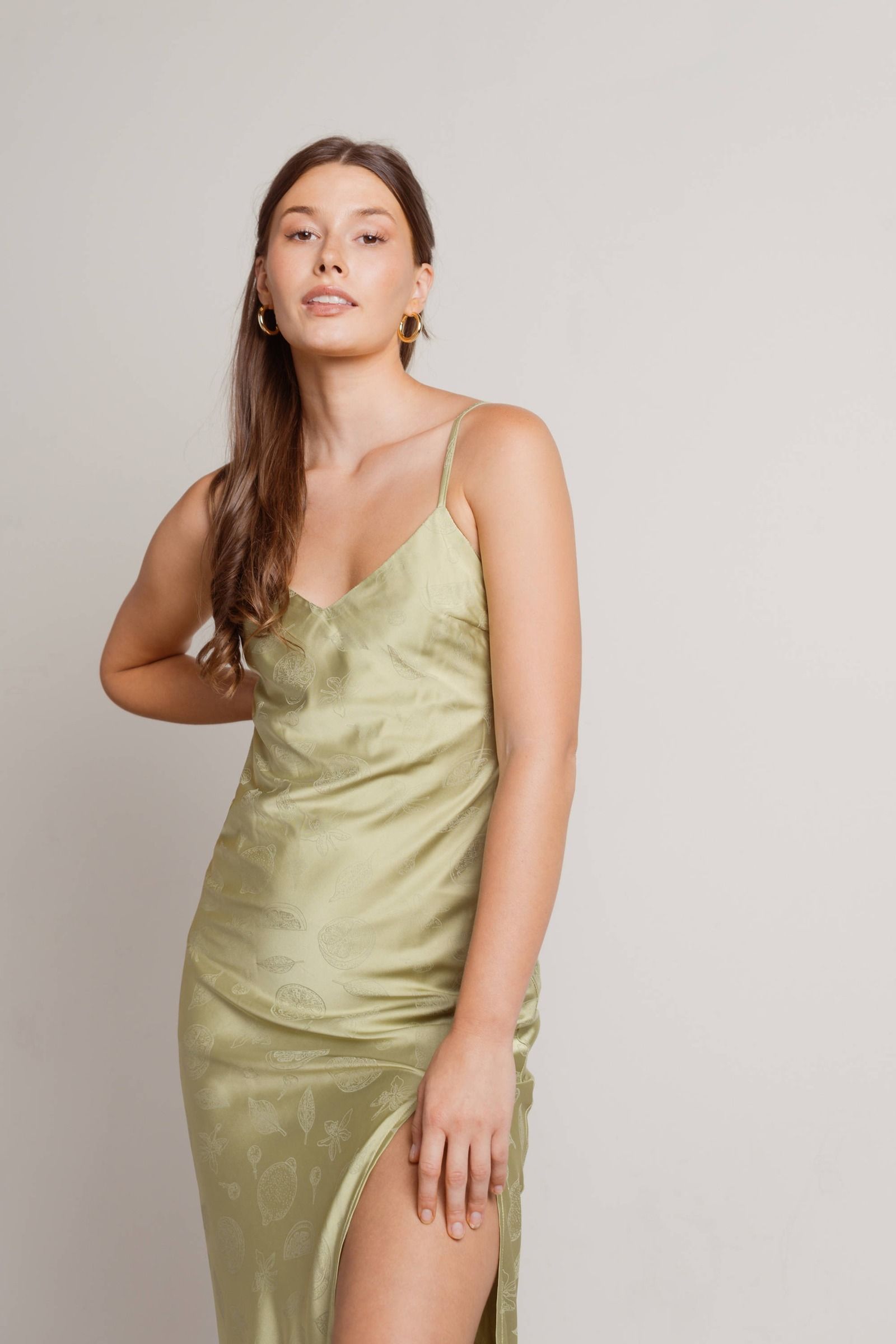 Green Midi Dress - Satin Dress With Slit - Jacquard Dress