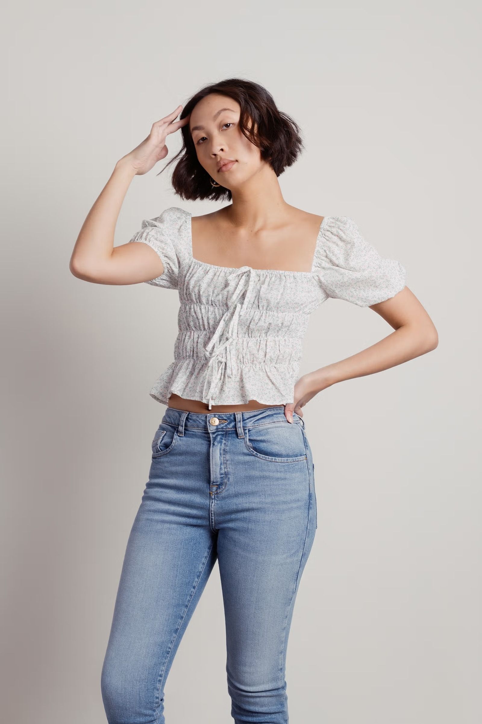 Green Crop Top Set - Floral Print Smocked Top - Puff Sleeve Ruffle Crop Top