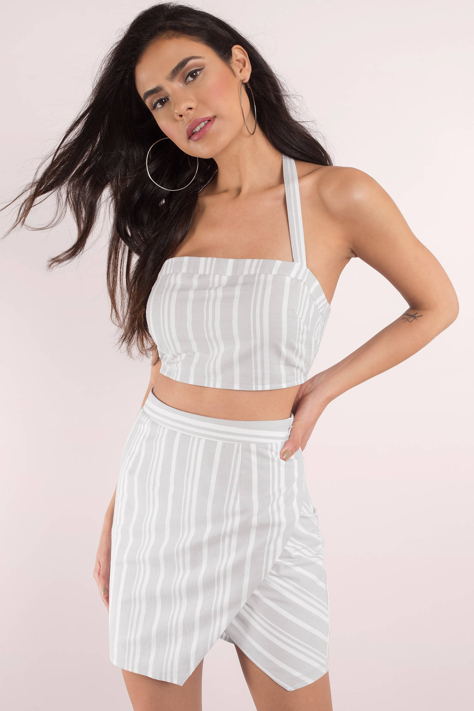 Grey Crop Top - Mluti Striped Crop Top - Halter Neck Crop Top