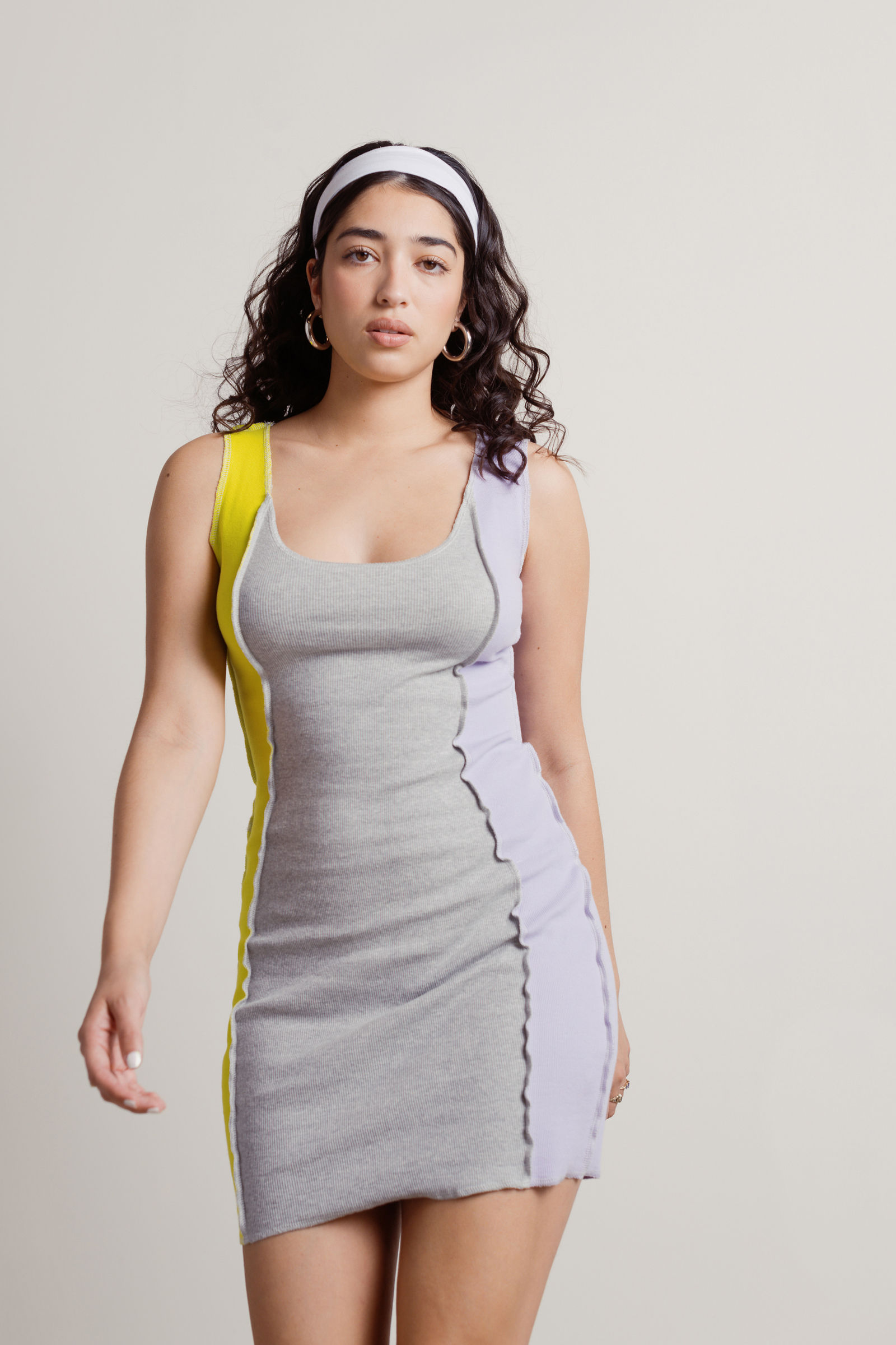 Grey Colorblock Dress - Yellow & Purple Bodycon Dress - Sleeveless Dress