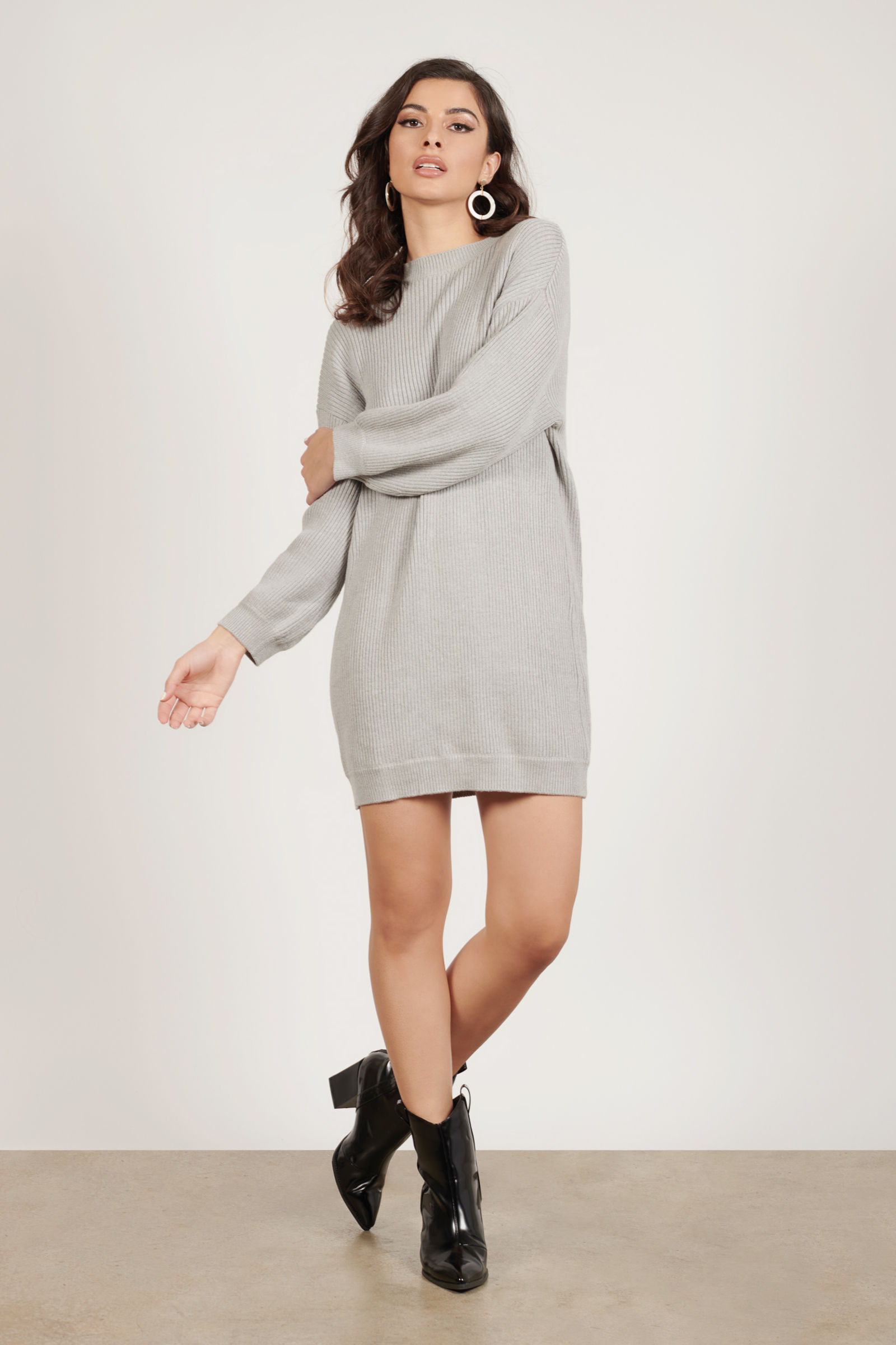 Gray Mini Dress - Crew Neck Sweater Dress - Ribbed Knit Heather Gray Dress