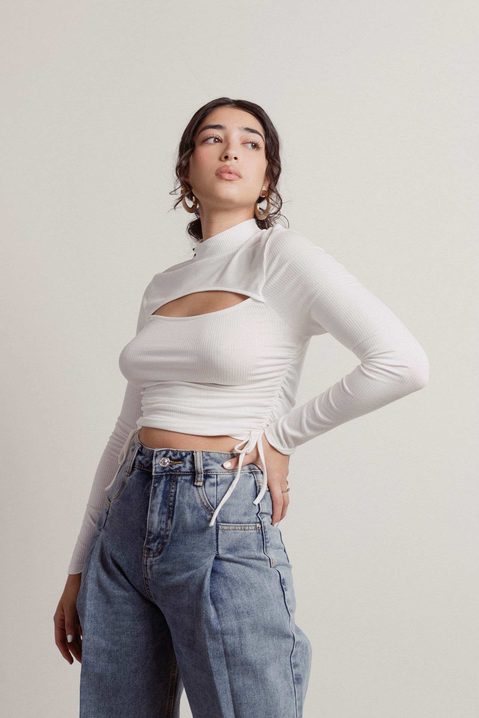 White Top - Side Ruched Cutout Top - Long Sleeve Top