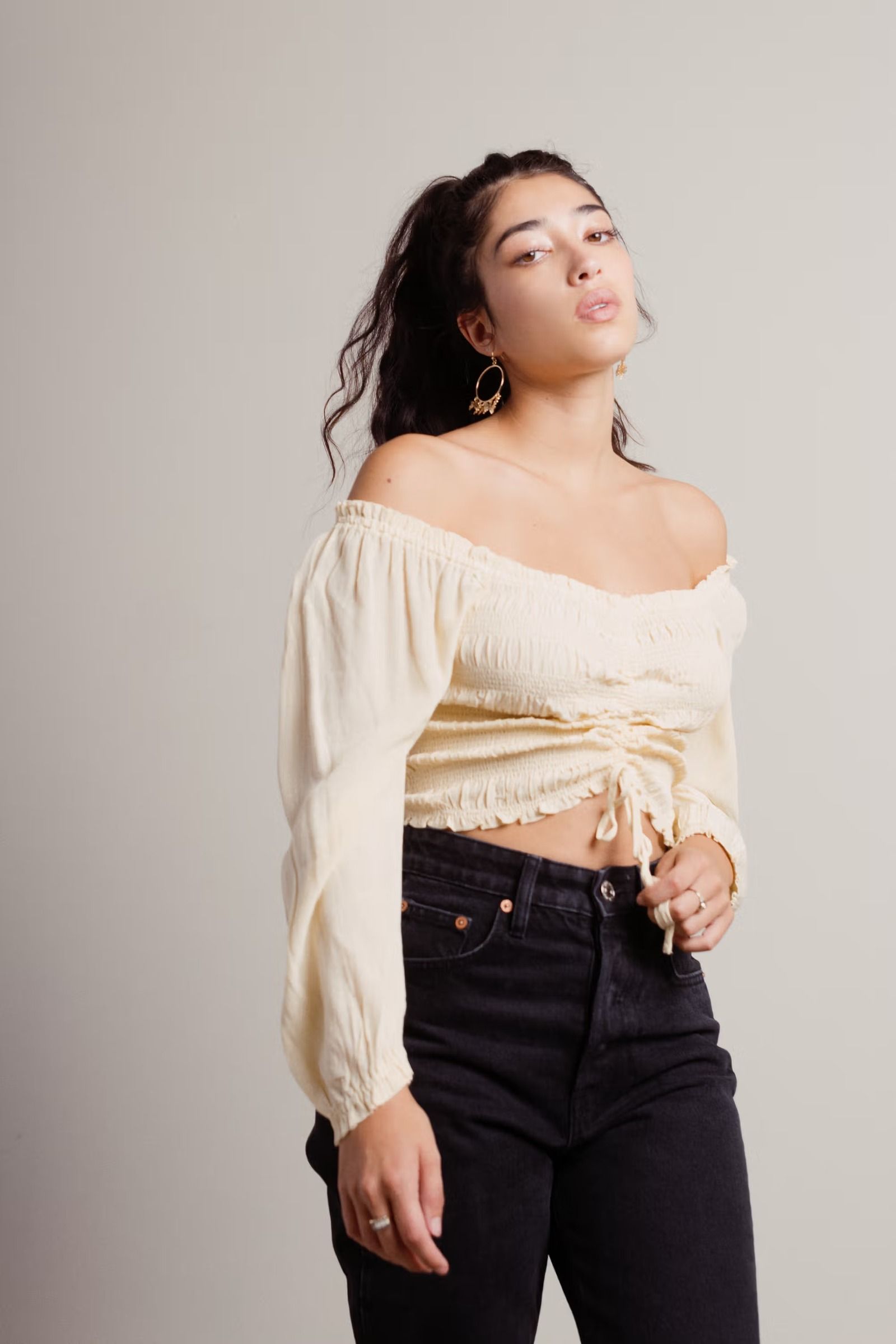 White Crop Top - Ruched Crop Top With Drawstring - Ivory Smocked Crop Top