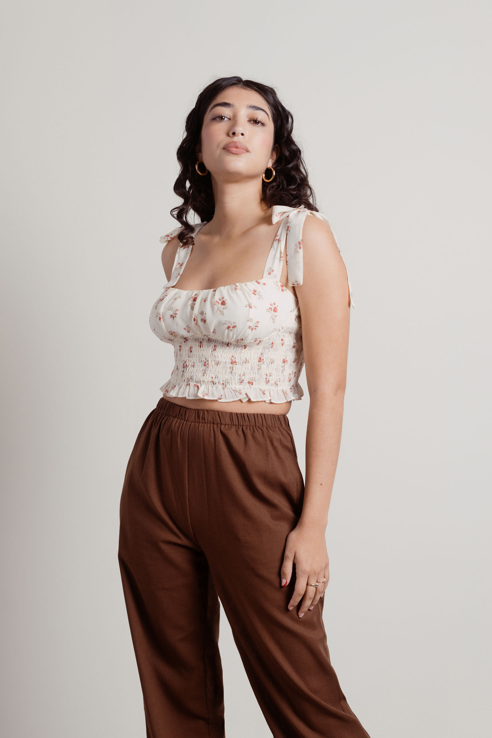 White Tank Top - Floral Smocked Crop Tank Top - Ivory Tie Straps Tank Top