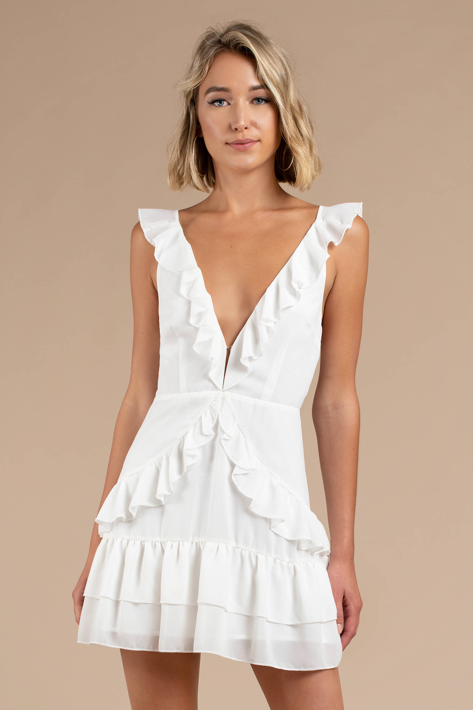 White Skater Dress - Deep V Dress - Short White Ruffle Dress