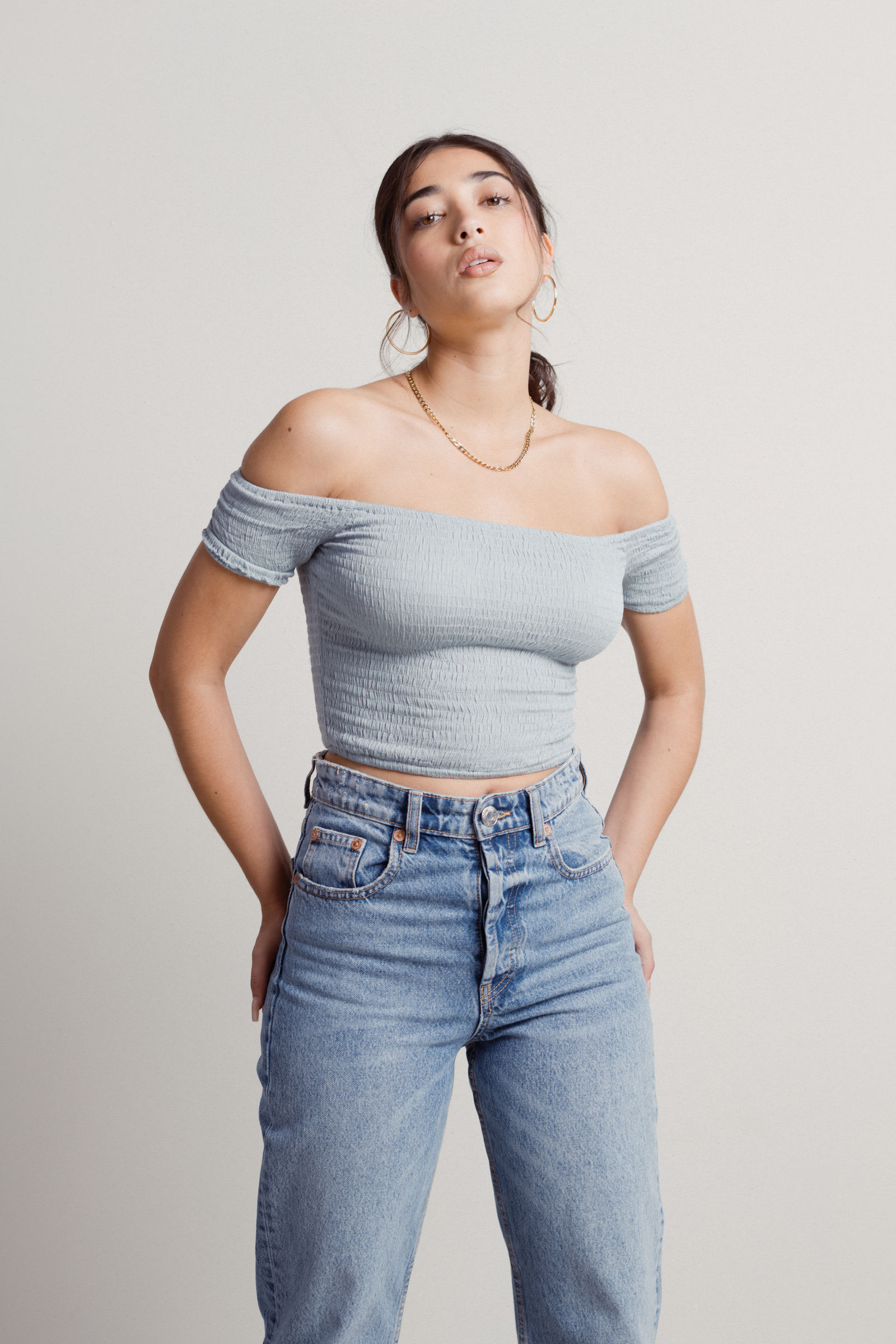 Light Blue Smocked Top - Blue Crop Top - Off Shoulder
