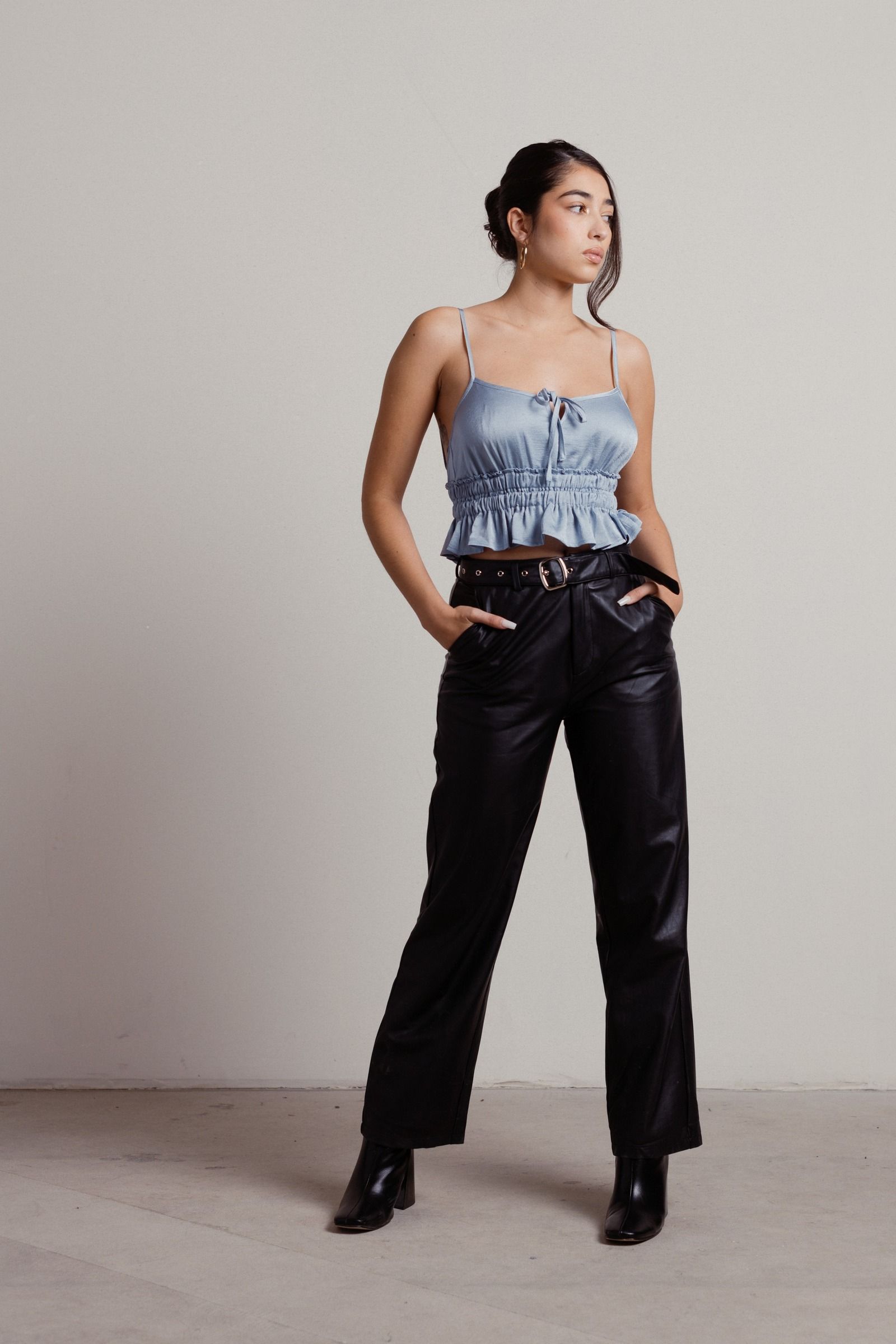 Light Blue Crop Top - Blue Ruffle Top - Satin Crop Top