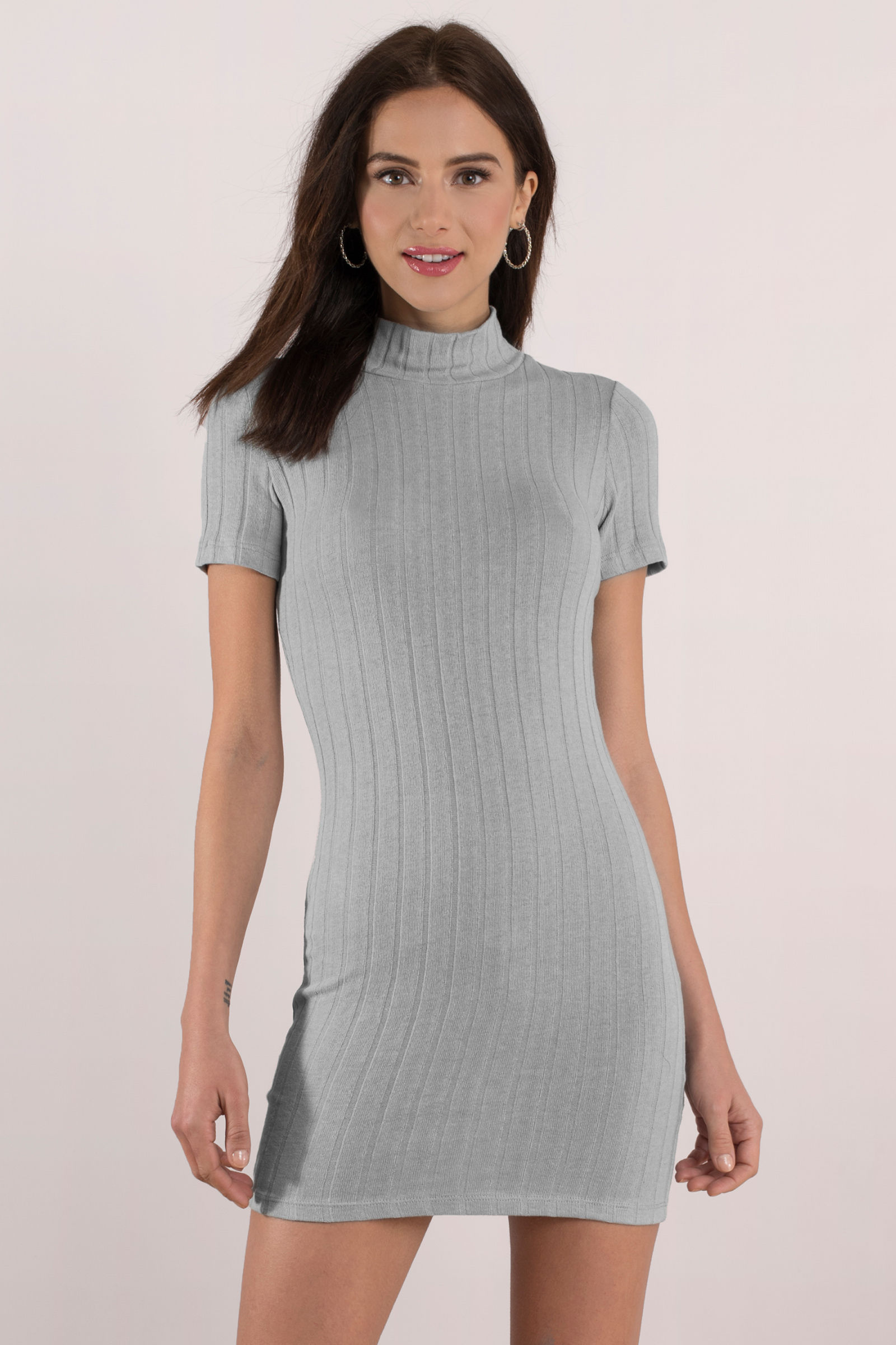 Gray Mini Dress - Sleeves Ribbed Bodycon Dress - Light Gray Mock Neck Dress